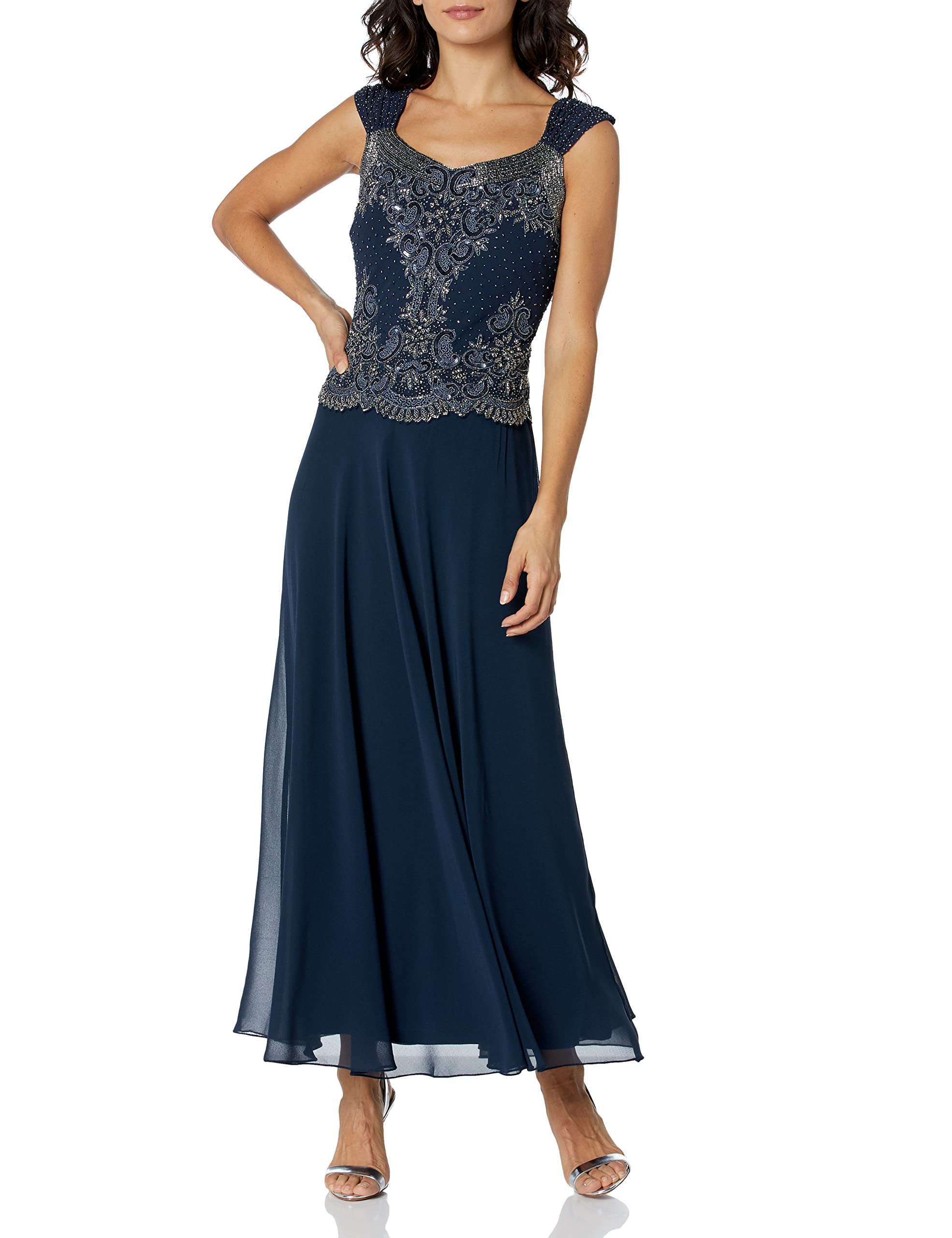 J Kara Women's Petite Beaded Cap Sleeve Dress, Navy/Mercury, 10P