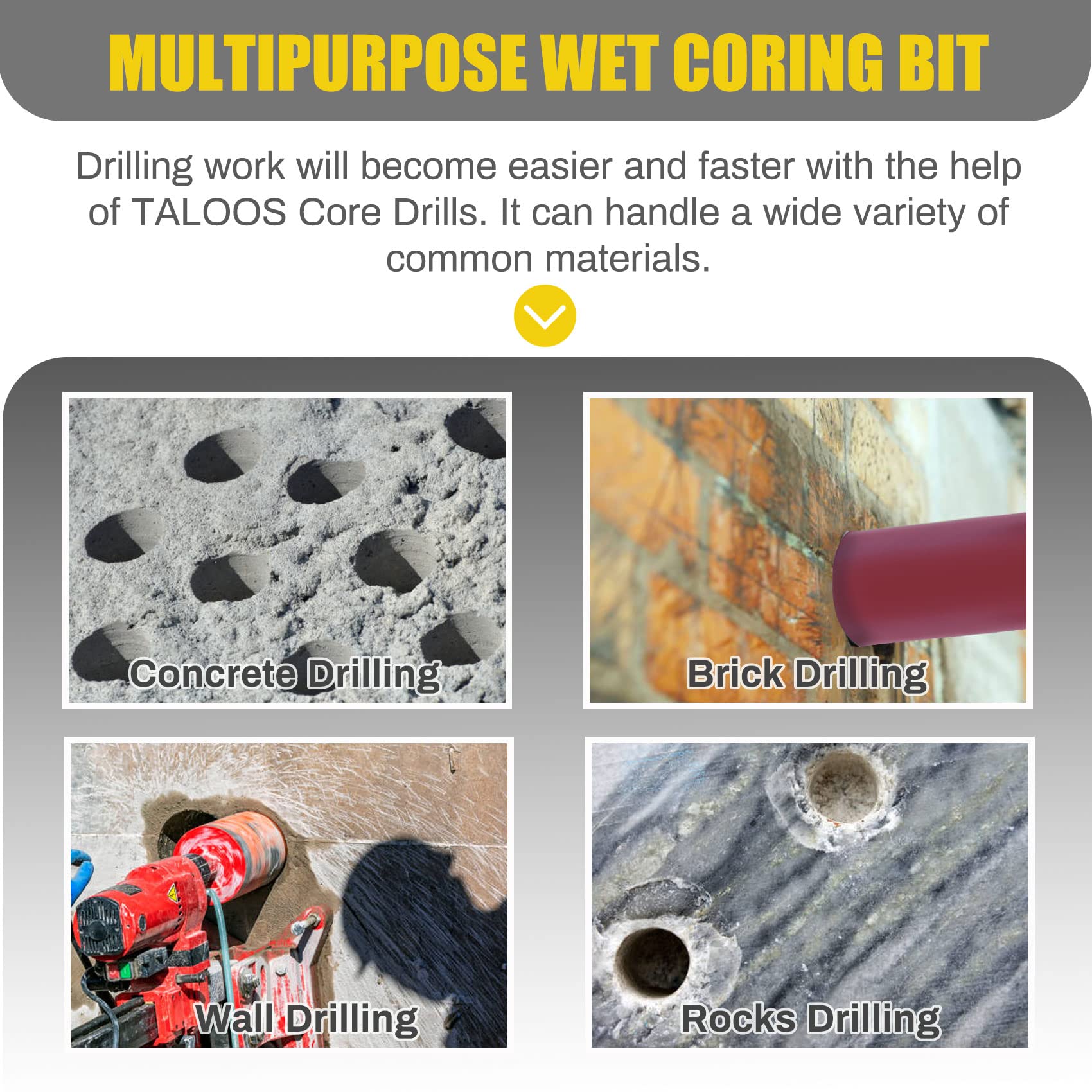 TALOOS 2-1/2" Wet Drill Core Bits for Concrete and Hard Masonry, Diamond Core Drill Bits for Marble, Granite, Rocks and Bricks | 15-3/4" Drilling Depth, 10mm Segment Height, 1-1/4"-7 Arbor | Wet Only