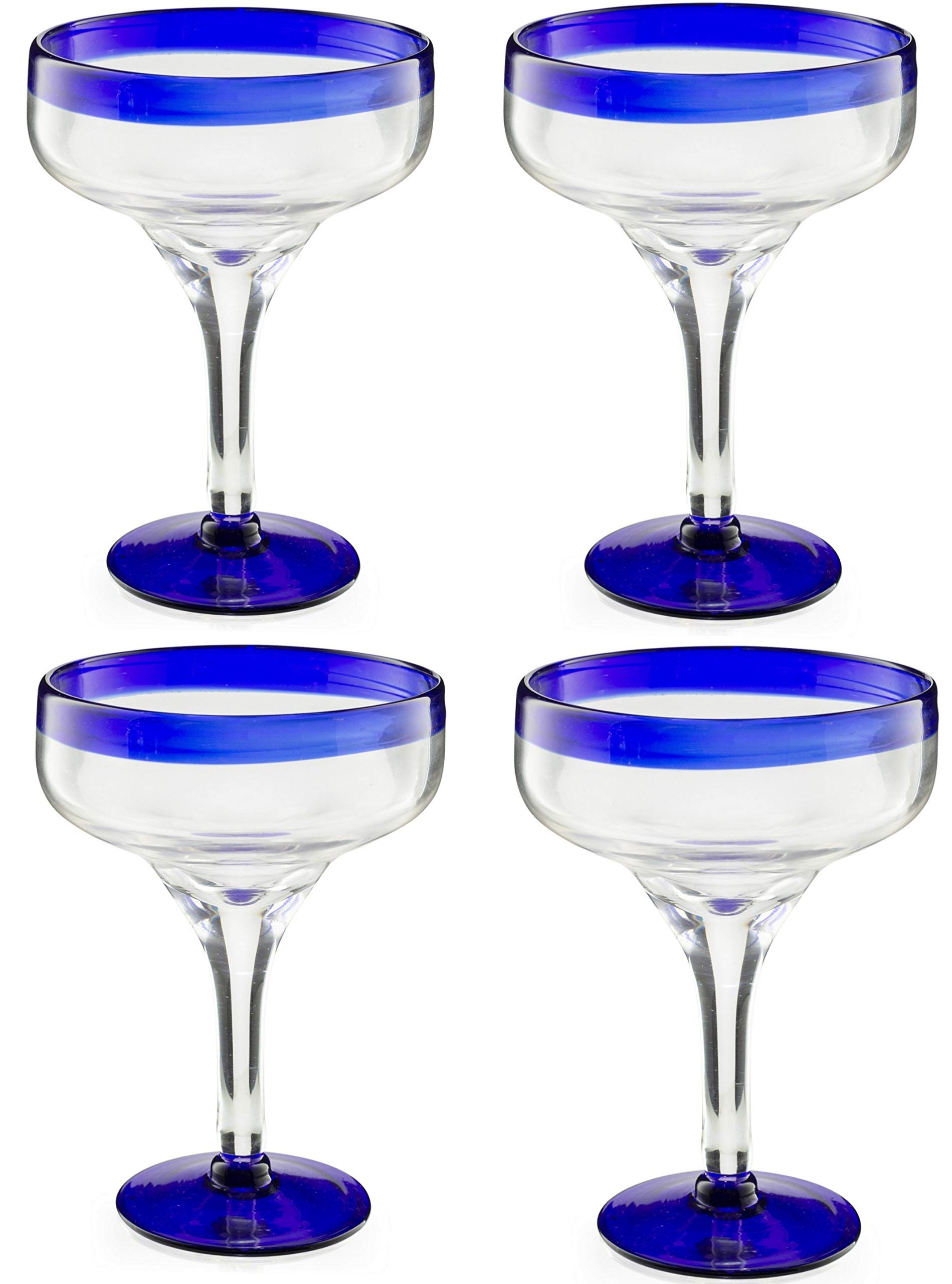Mexican Hand Blown Glass – Set of 4 Large 16oz, Cobalt Blue Rim Line, Luxury Margarita & Cocktail Glasses, Mexico Design Large 16oz Cobalt Cinco de Mayo - The Wine Savant, Dishwasher Safe Glassware