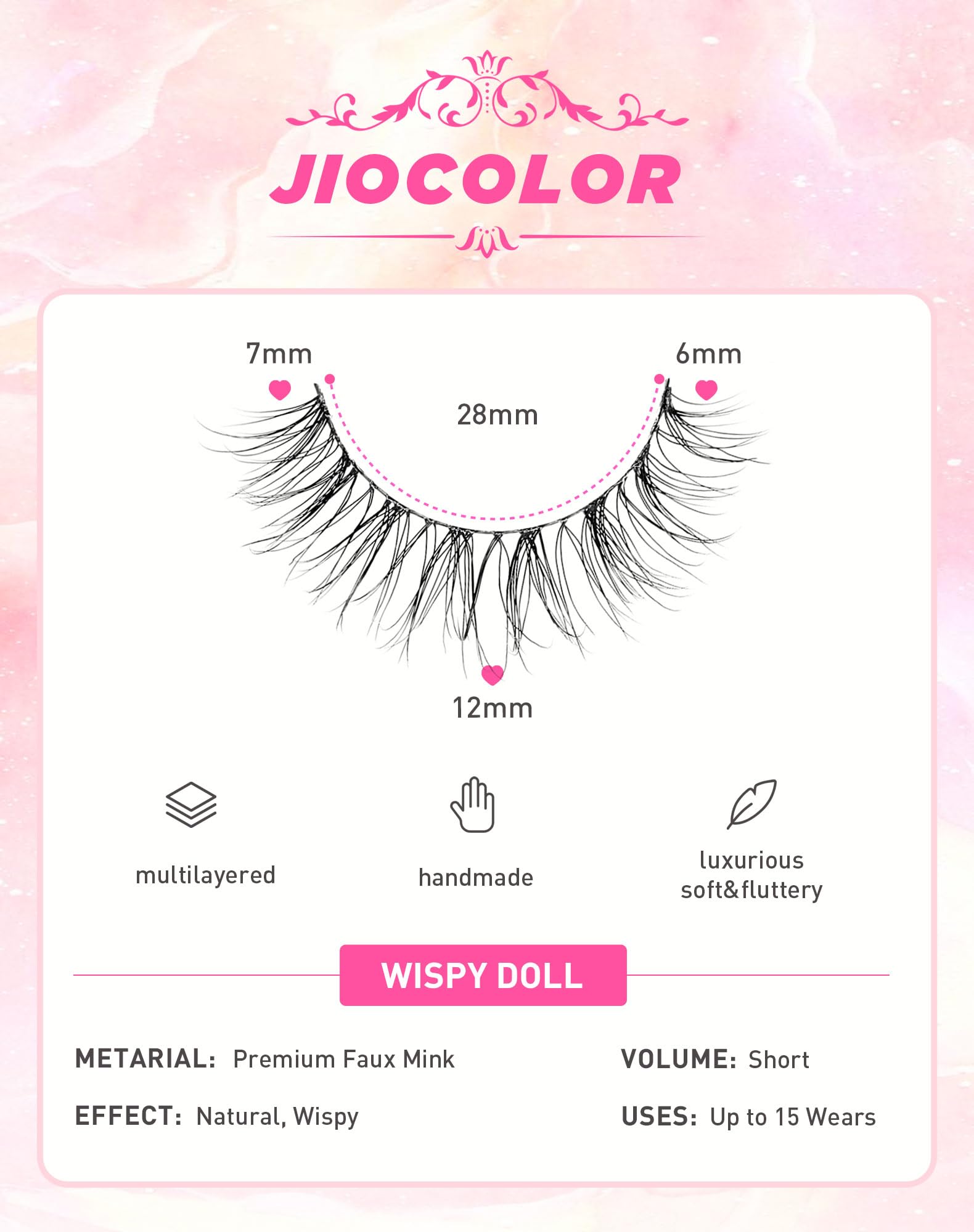 Lashes Natural Look, Wispy Eyelashes, Jiocolor False Eyelashes Natural Look, Fluffy Fake Mink Lashes,12 mm Strip Lashes 10 Pairs D1