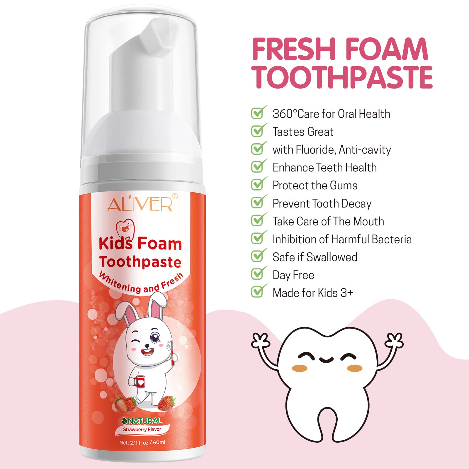 Kids Strawberry Foaming Toothpaste, Anti-Cavity Fluoride, Great Tasting, Safe and Effective, 360ÂșCare for Mouth, for Children Kids Age for 3 and Up, 2 PCS