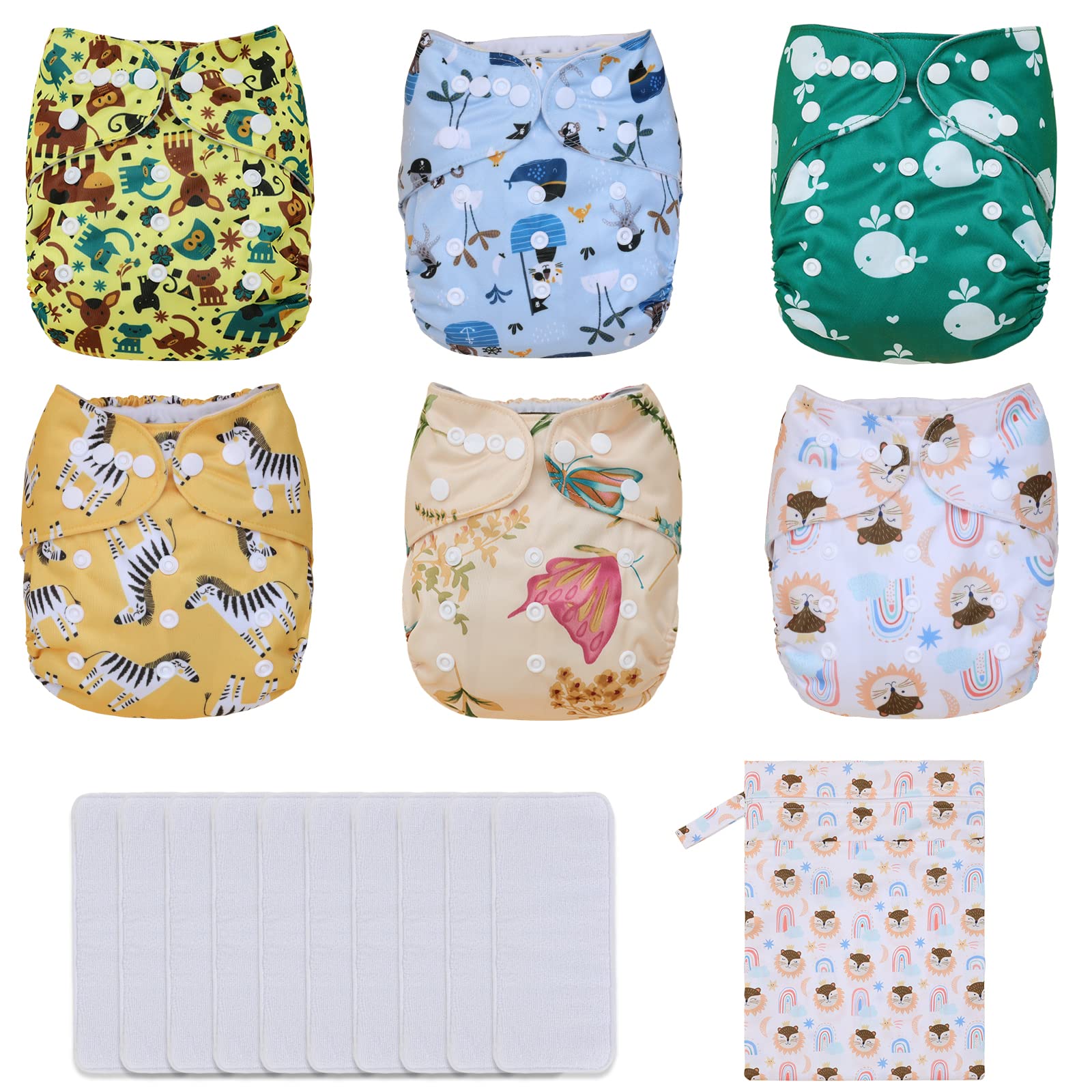 TDIAPERS Cloth Diapers for Babies One Size Adjustable Washable Reusable for Baby Girls and Boys 8 Pack with 6 Inserts, 1 Wet Bag