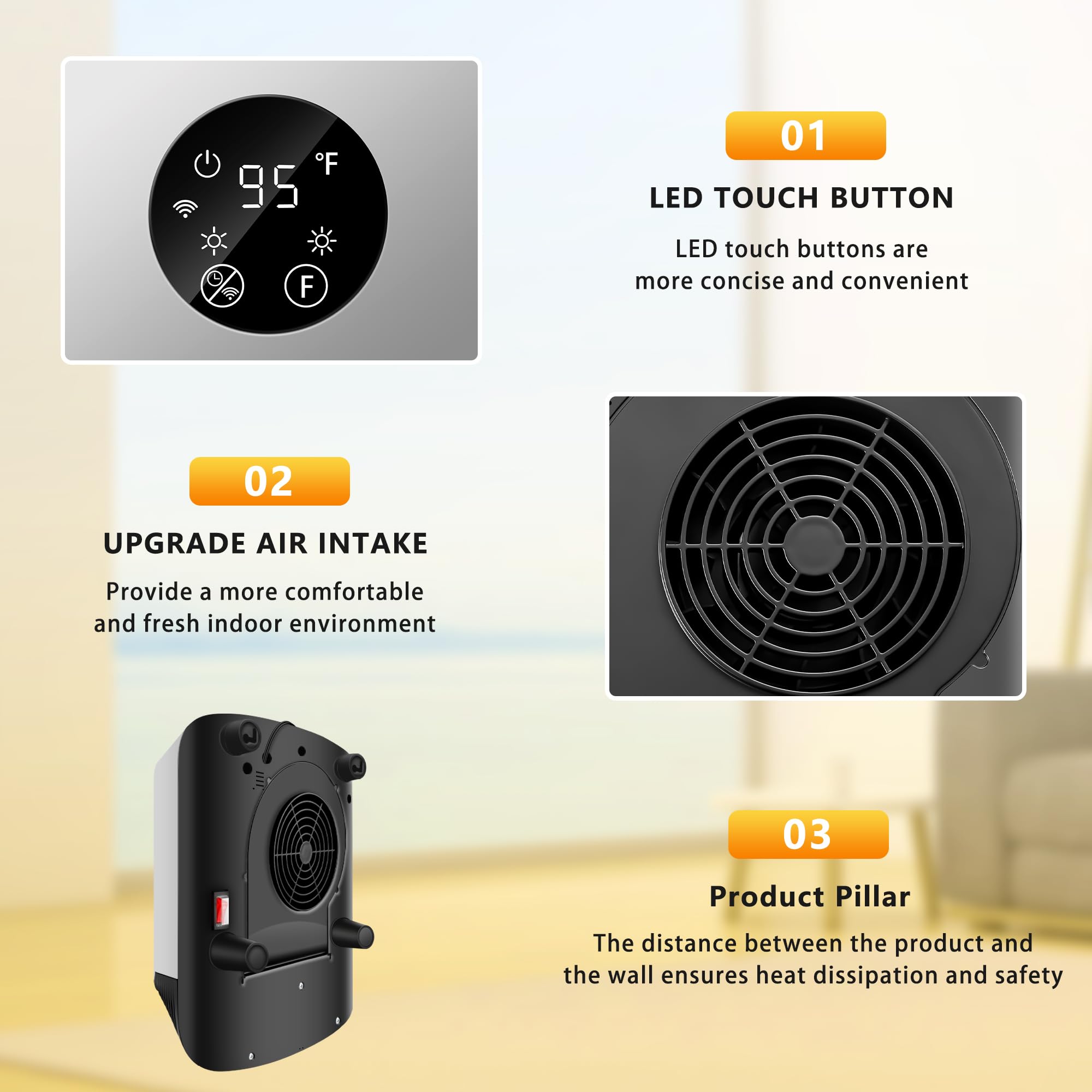 Space Heater for Indoor Use Wall Mounted with WIFI/Remote,1500W Portable Heater Fast Heating with Adjustable Thermostat,Quiet Heater for Bedroom/Living Room/Office