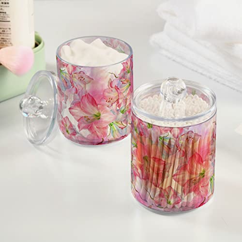 xigua 2 Pack Amaryllis Flowers Pink Apothecary Jars with Lid, Qtip Holder Storage Containers for Cotton Ball, Swabs, Pads, Clear Plastic Canisters for Bathroom Vanity Organization (10 Oz)
