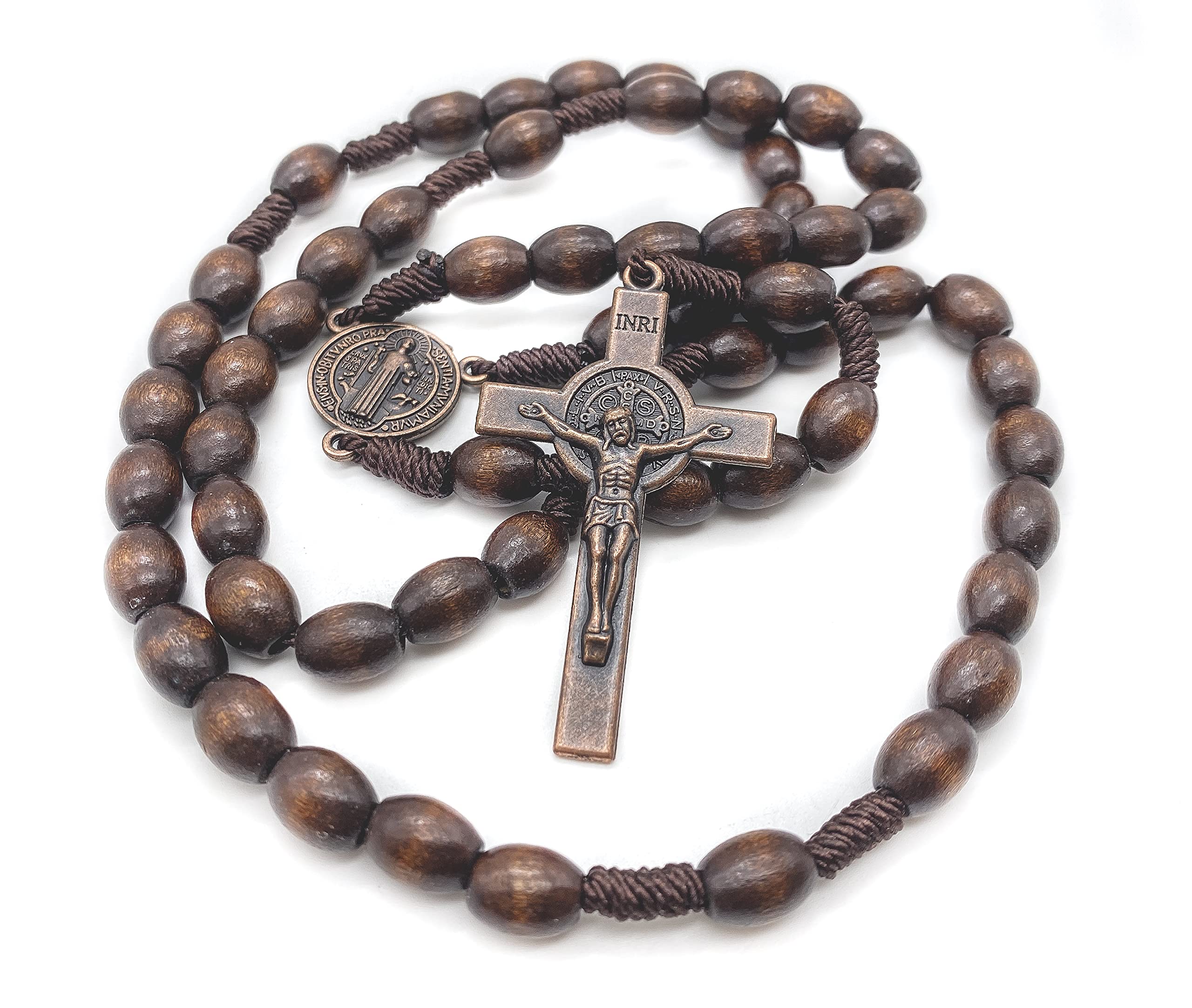 Nazareth Store St.Benedict Wood Beads Rosary Necklace Cord Beaded Catholic Rosary Saint Medal with Cross in Bronze Plating