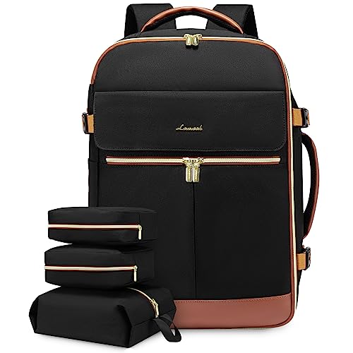 LOVEVOOK Carry On Backpack, 40L Travel Backpack Women with 3 Packing Cubes, TSA Airline Approved Suitcase Bag as Personal Item, Waterproof 17 inch Laptop Backpack for Weekender Overnight, Black Brown