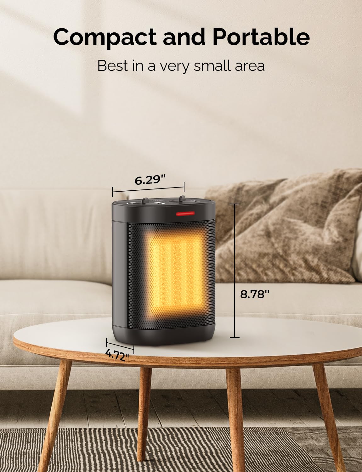 Space Heaters for Indoor Use, Portable 1500W/900W PTC Ceramic Space Heater, Small Space Heater with Thermostat, Three Modes, Overheat and Tip-Over Protection for Office Home