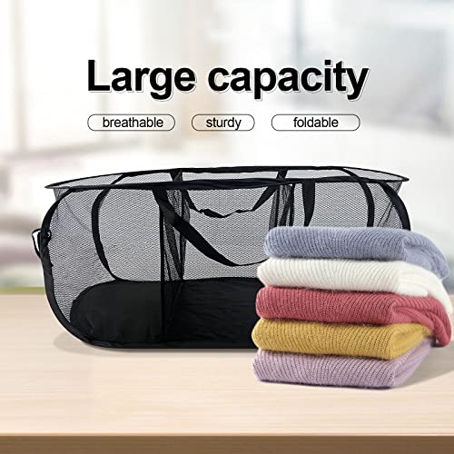Vcgalu Mesh Pop Up 3 Compartment Laundry Sorter Hamper,Collapsible Laundry Basket with Durable Handles Solid Bottom High Carbon Steel Frame-Black