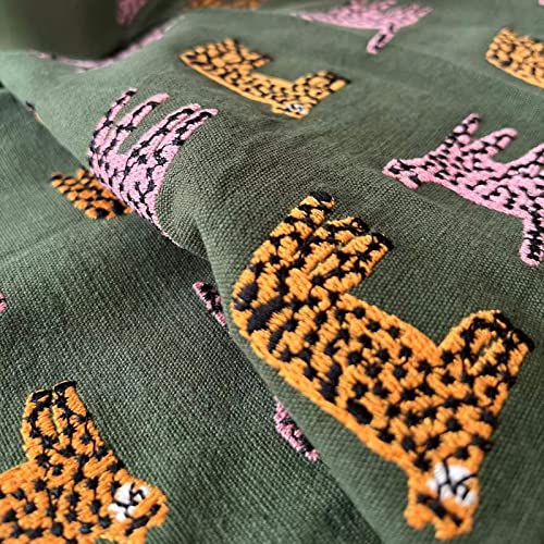 Tiger Embroiderd Linen Cotton Fabric,Green Embroidered Fabric,Designer Fabric,Quilting Fabric,Fabric by Yard,Thick Fabric,Linen Fabric