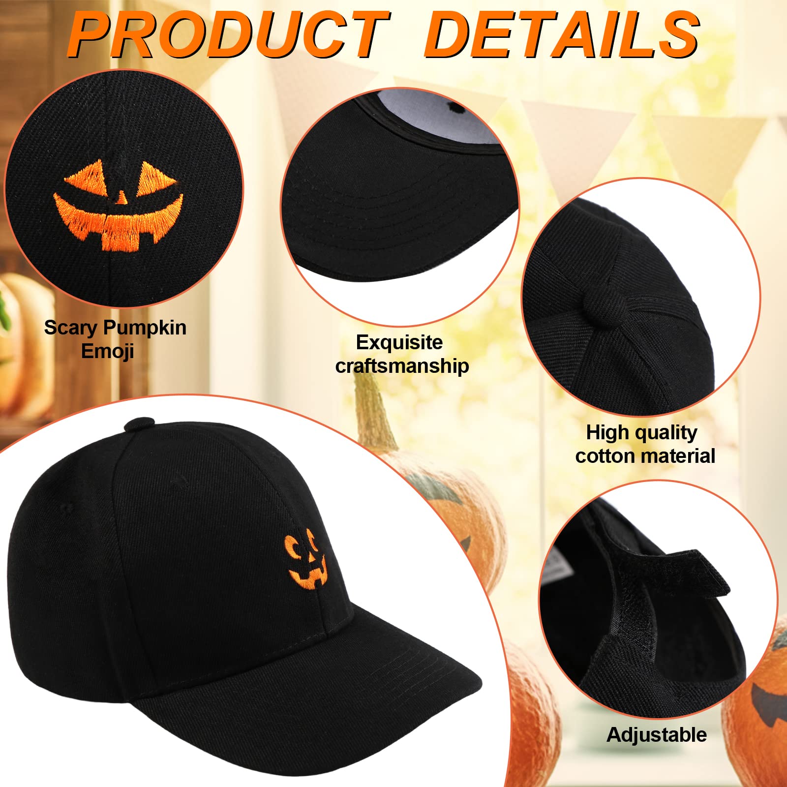 OBANGONG 4 Pcs Halloween Baseball Cap Pumpkin Baseball Dad Hats Adjustable Embroidery Ghost Smile Cap Unisex Black Cap for Men Women Daily Use