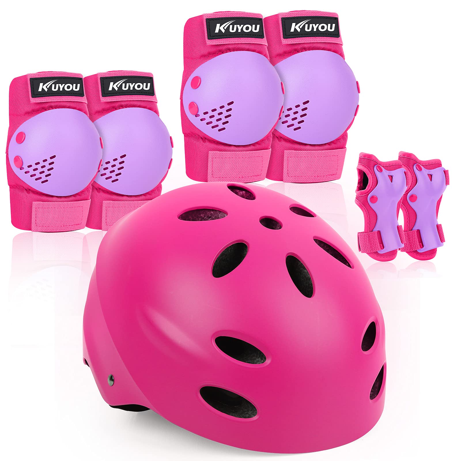 Kid's Protective Gear Set,Roller Skating Skateboard BMX Scooter Cycling Protective Gear Pads (Knee Pads+Elbow Pads+Wrist Pads+ Helmet) (Rose Red)