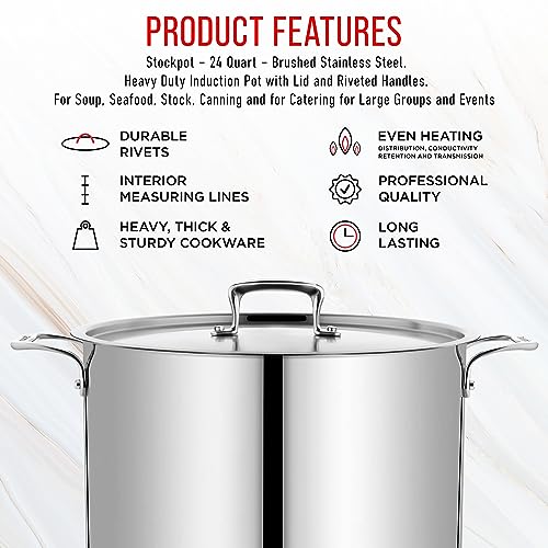 Stockpot β 24 Quart β Brushed Stainless Steel β Heavy Duty Induction Pot with Lid and Riveted Handles β For Soup, Seafood, Stock, Canning and for Catering for Large Groups and Events by BAKKEN