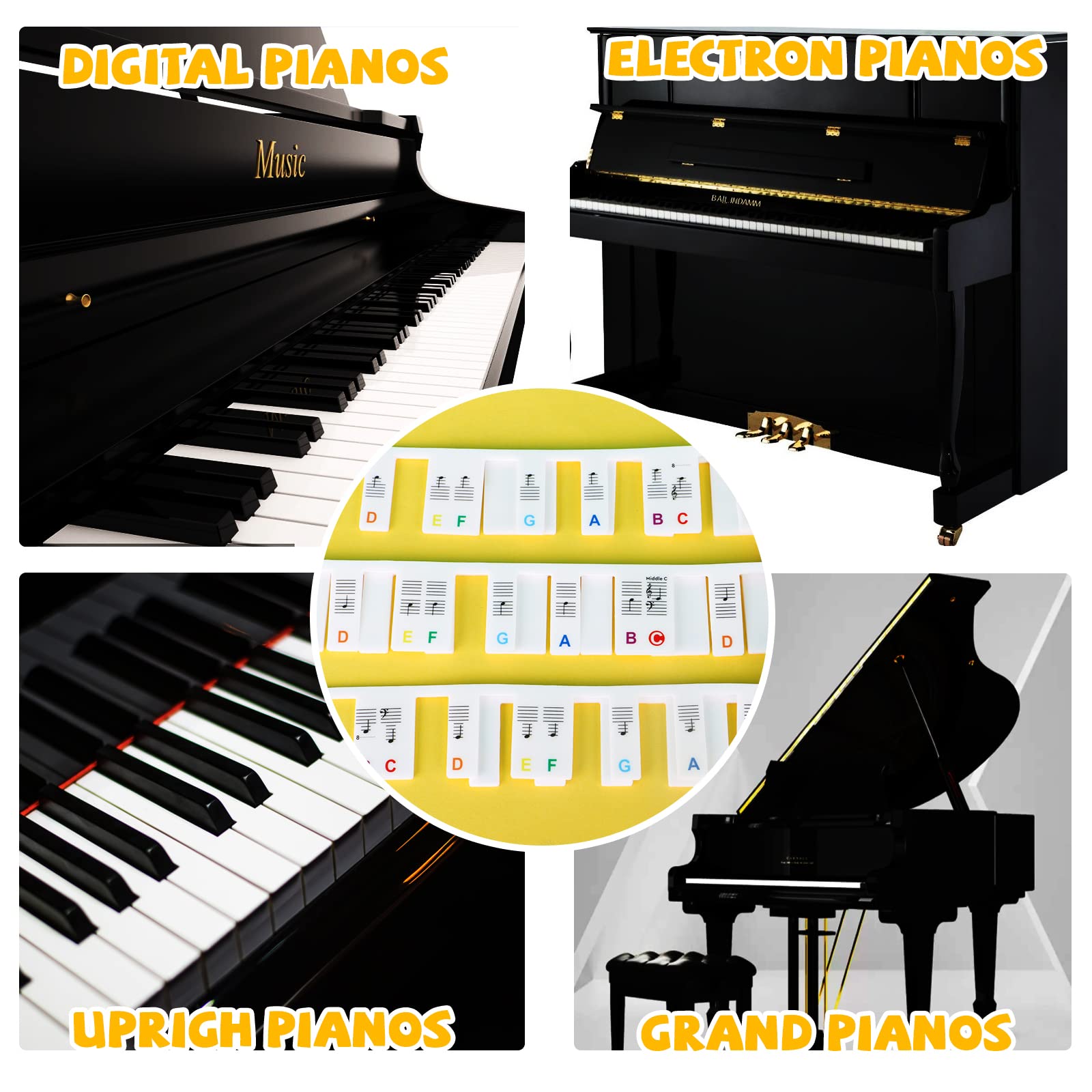 Removable Piano Keyboard Stickers for Beginners, Silicone Piano Keyboard Note Guide Labels for Learning for 88/61/54/49/37 Key, Reusable Piano Key Music Notes Letter Label with Box