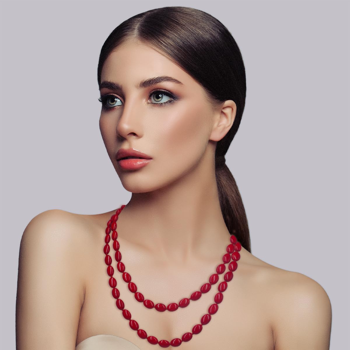 Jane Stone Funky Oval Shape Necklace Turquoise Double Strand Layers Cluster Necklace Pendant Bib Jewelry (Red)