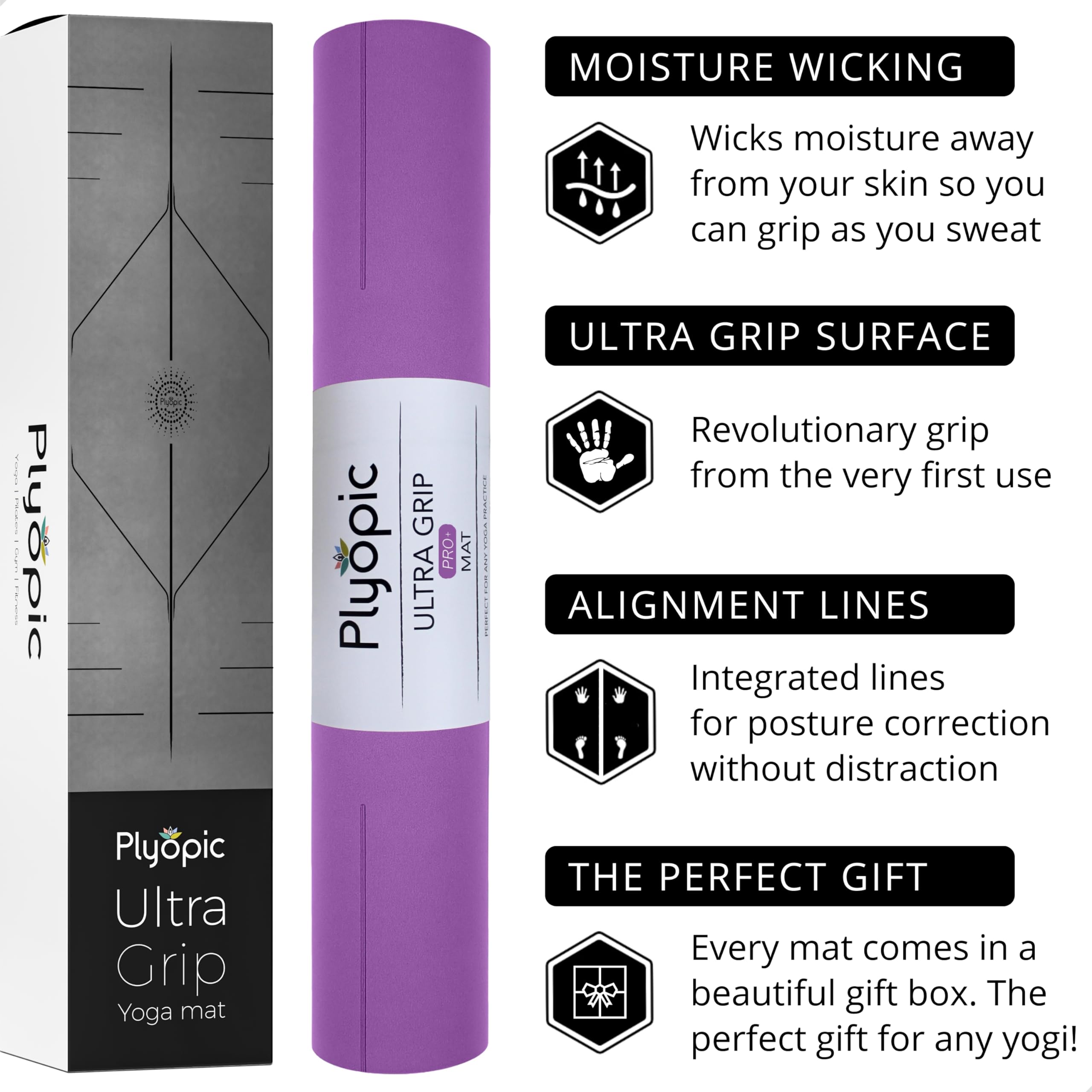 Plyopic Ultra-Grip Pro+ Yoga Mat – EXTREME Non-Slip Performance - Dry Grip & Wet Grip - Alignment Line - Comfortable & Sweat Resistant - For Yoga, Pilates, Exercise, Workout, Bikram & Hot Yoga (Gray)