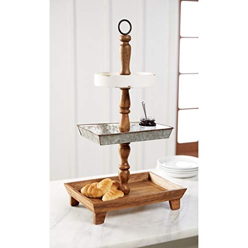 Mud Pie Wood and Tin Tiered Server, 25" x 13" x 8 1/2", Multicolor