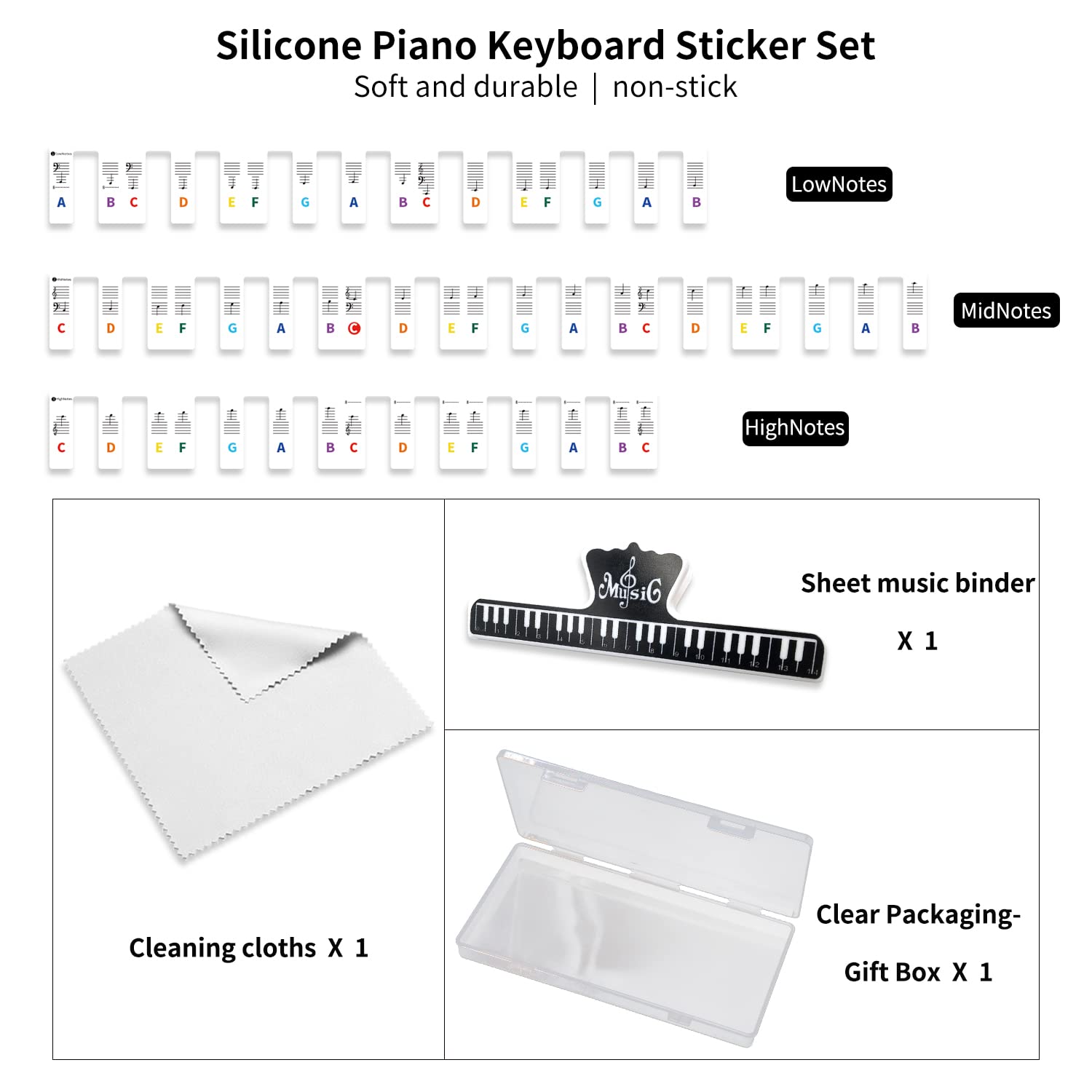 Removable Piano Keyboard Note Labels,Piano Keyboard Stickers,88-Key 61-Key Full Size,Made of Silicone,Suitable for Keyboard Piano for Beginners Kids