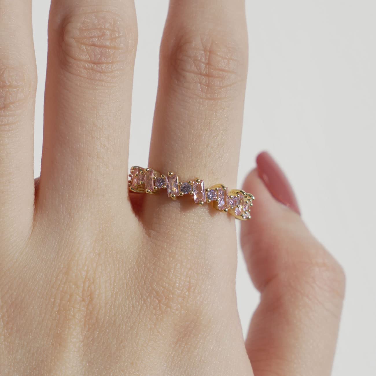 Michooyel 18K Gold Plated Eternity Band Ring Pink Cubic Zirconia Baguette Statement Ring for Women