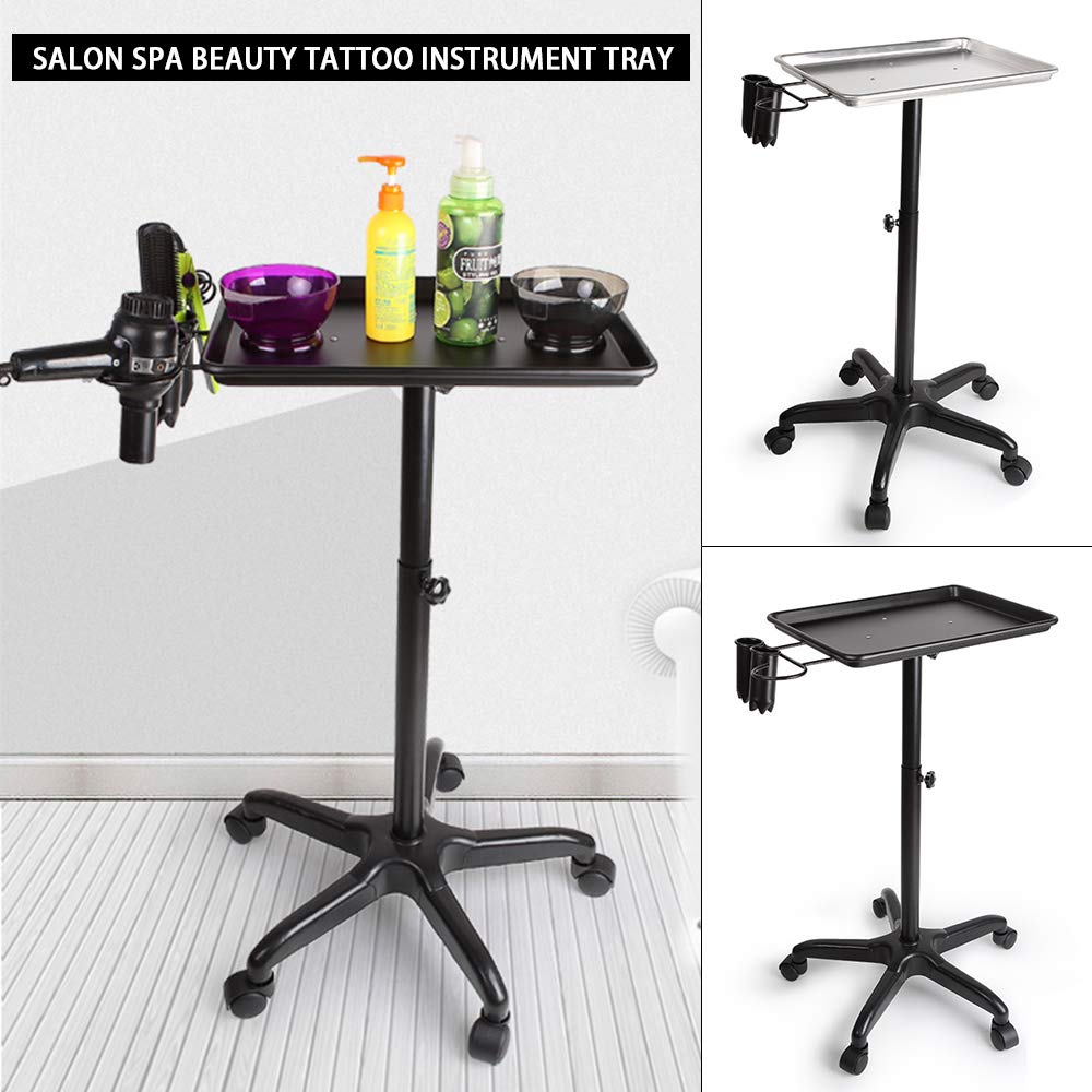 Tattoo Tray on Wheels Tattoo Cart with Bracket Salon Rolling Tray Cart for Salon Beauty Spa Tattoo, Adjustable Height (Silver)