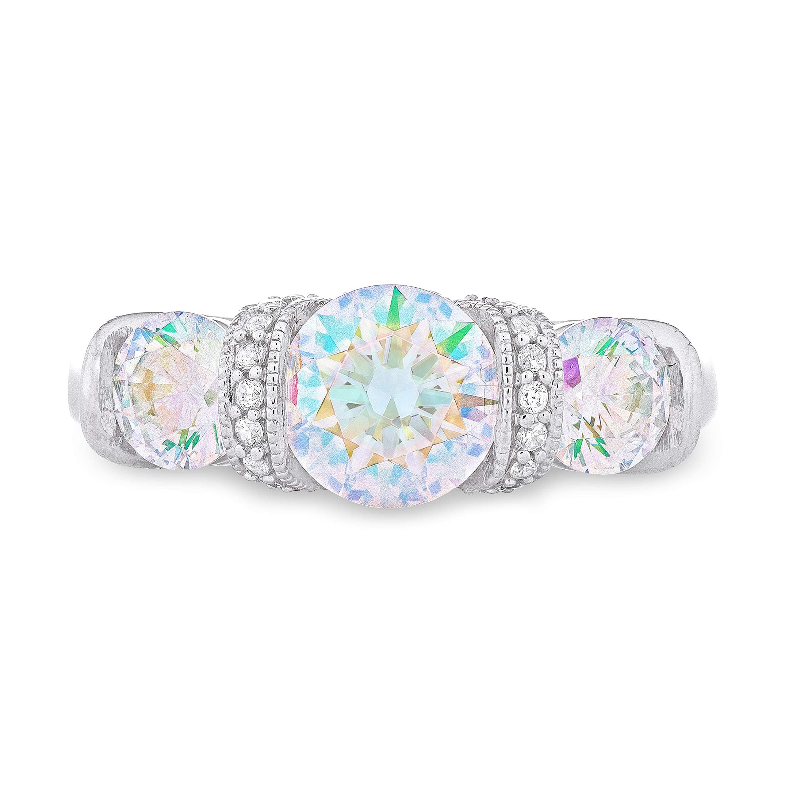 Lexi and Rose .925 Sterling Silver Round Brilliant Cut Aurora Borealis Cubic Zirconia Three Stone Engagment Ring - Size 7