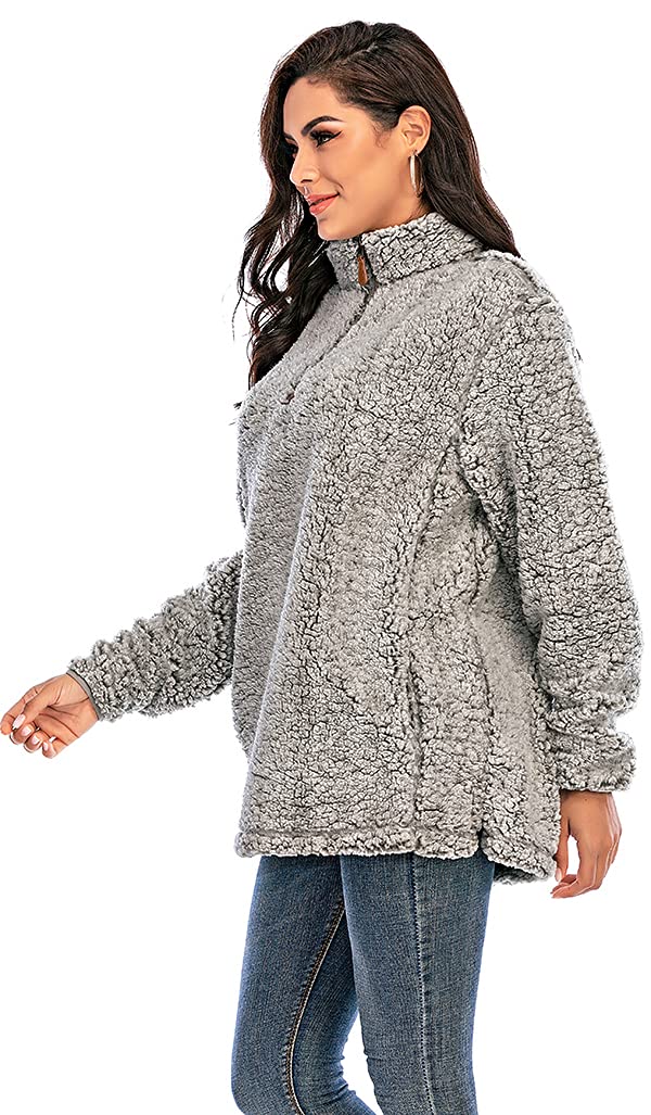 Les umes Women's Zipper Sherpa Pullover Fuzzy Fleece Sweatshirts Jacket Winter Oversized Outwear Coat Gray M