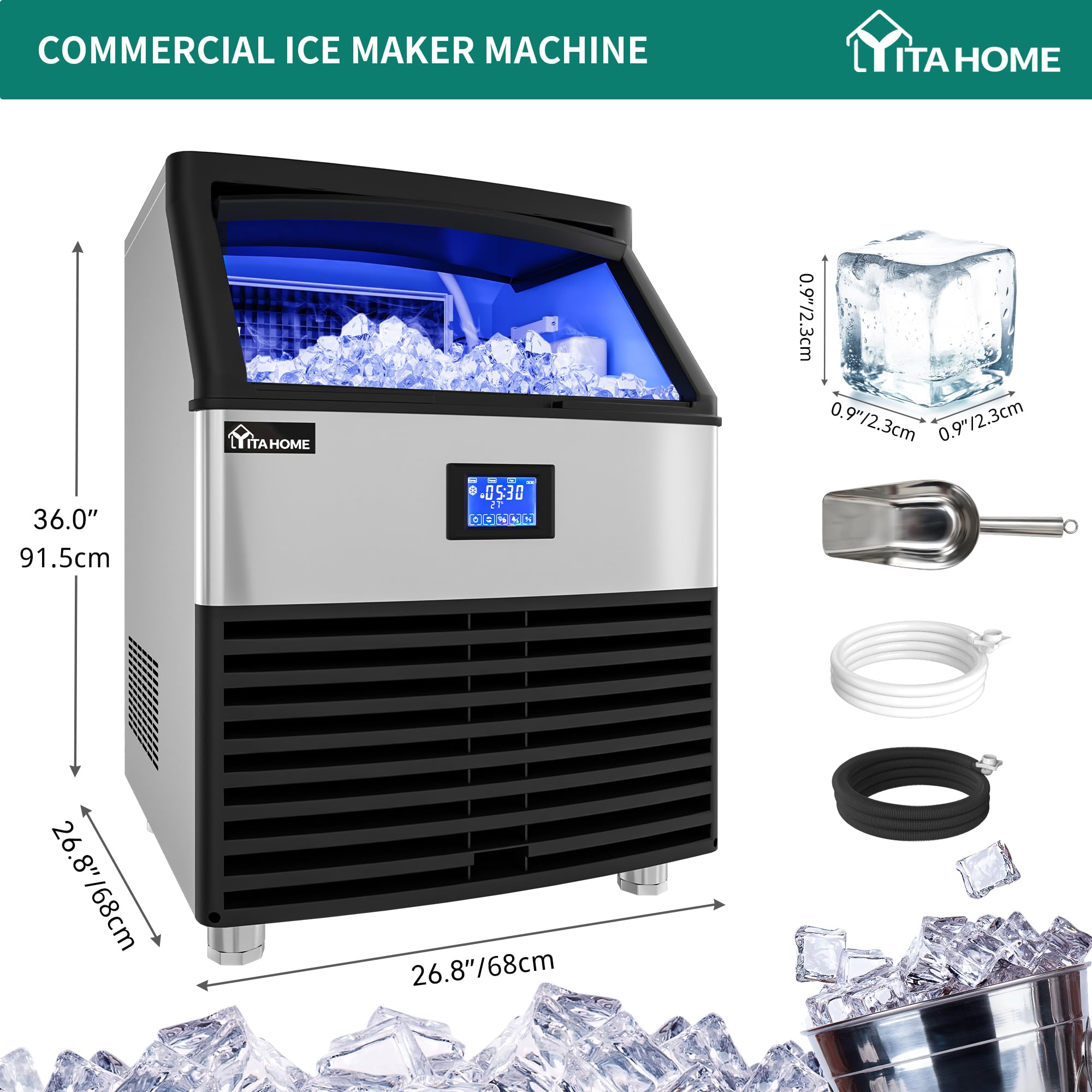 YITAHOME Upgraded Commercial Ice Maker Machine 350lbs/24h with 100lbs Storage Bin, Stainless Steel Ice Scoop, Blue Light, Freestanding Ice Machine for Home, Restaurants, Bars