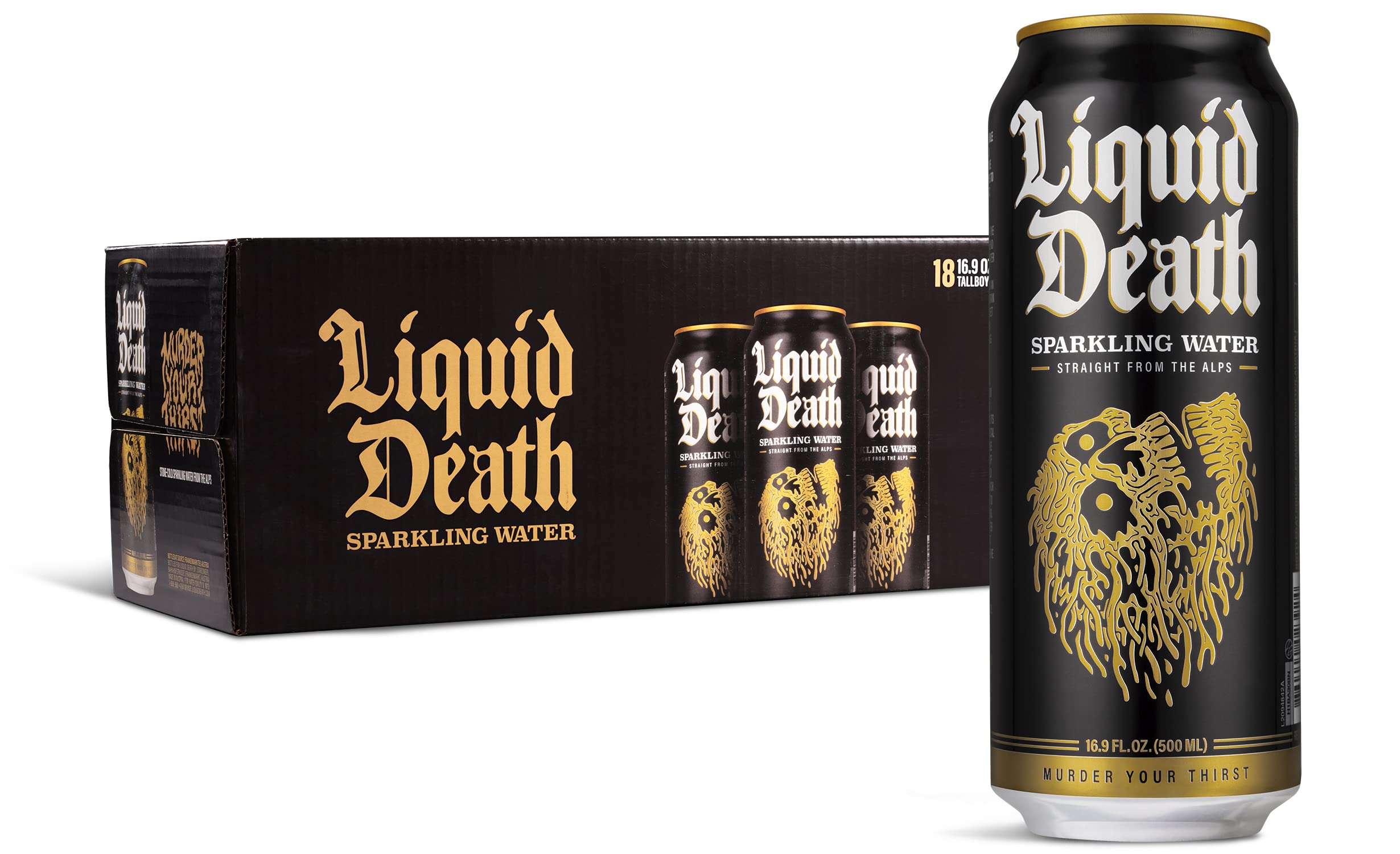 Liquid Death, Sparkling Mountain Water, Real Mountain Source, Natural Minerals & Electrolytes, 18-Pack (Tallboy Size 16.9oz Cans)