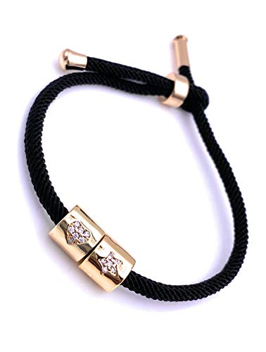 LESLIE BOULES Black Cord Bracelet for Women Gold Plated Heart and Star Cylindrical Charm