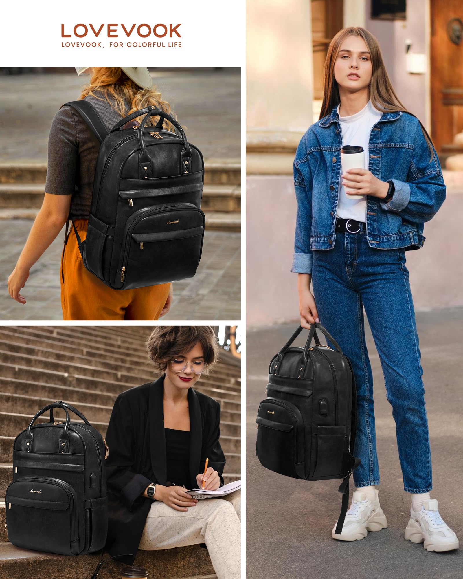 LOVEVOOK Leather Backpack for Women 15.6 Inch, Vintage Laptop Backpack with USB, Spacious Work Backpack Fits Business Office Travel College Black