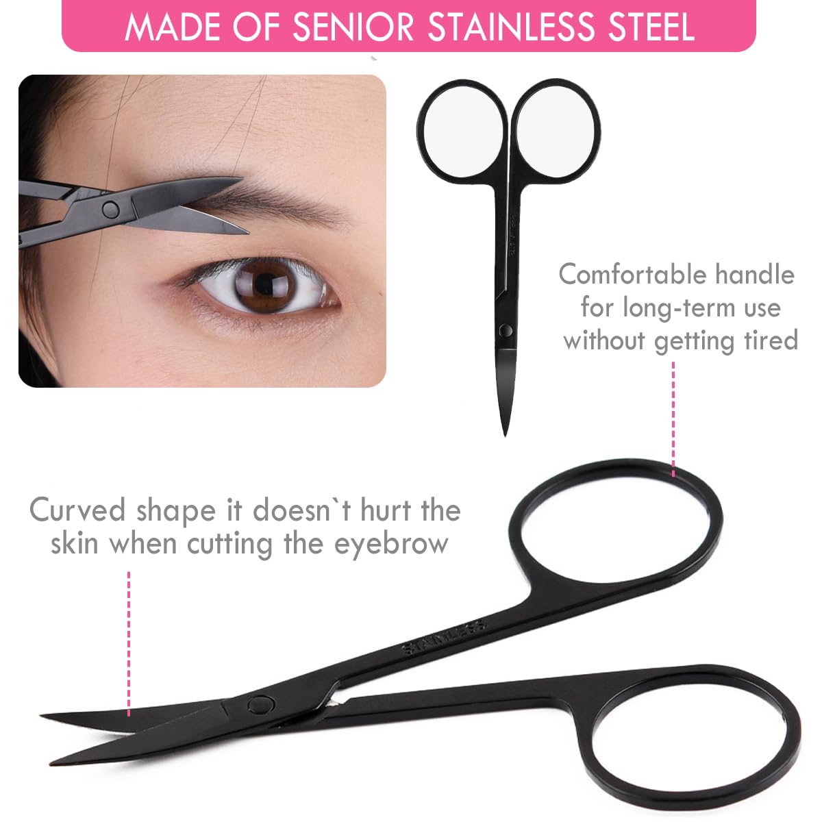 KINGMAS 5 Pcs Eyebrow Tweezers Set, Stainless Steel Brow Tweezer Scissors Set with Travel Case for Brow Facial/Ingrown Hair, Splinter (Black)