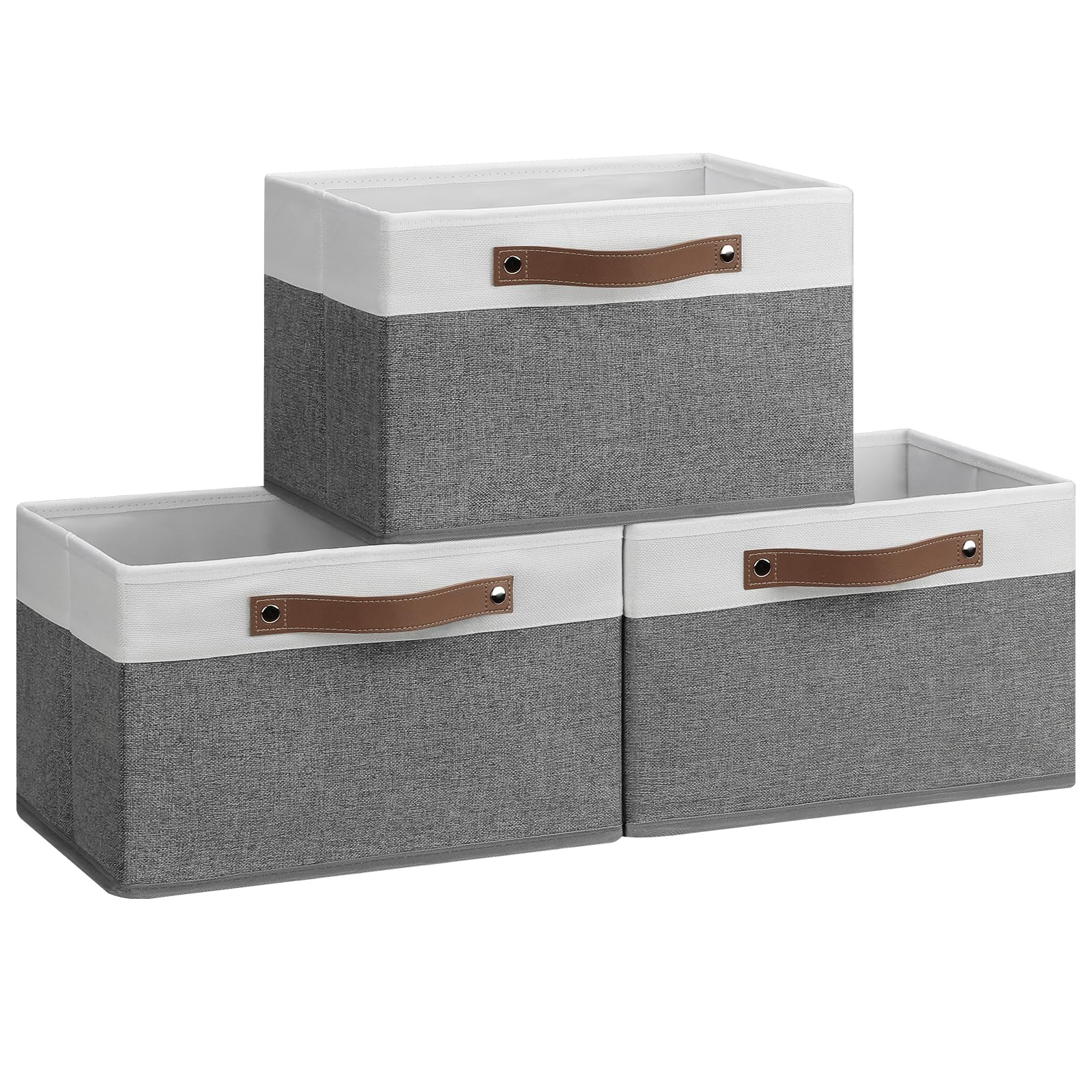 LOVSTORAGE Storage Boxes, 3 Pack Fabric Collapsible Storage Organizer Container with Leather Handle, 13 x 9 x 8 inch Rectangular Storage Bins Baskets for Shelves Home Nursery, Office, White/Grey