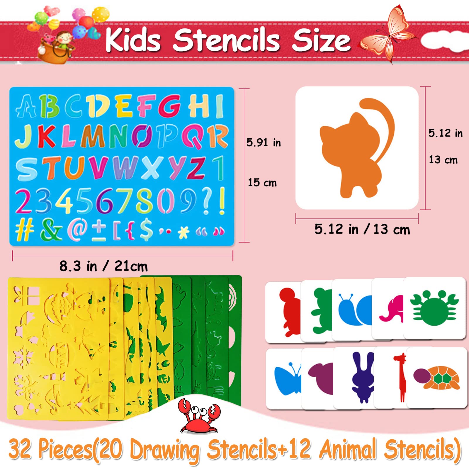 Stencils for Kids, 32 pcs Plastic Drawing Stencils Kits Animals Shape Stencils for Kids Boys Grils Crafts School Art Projects
