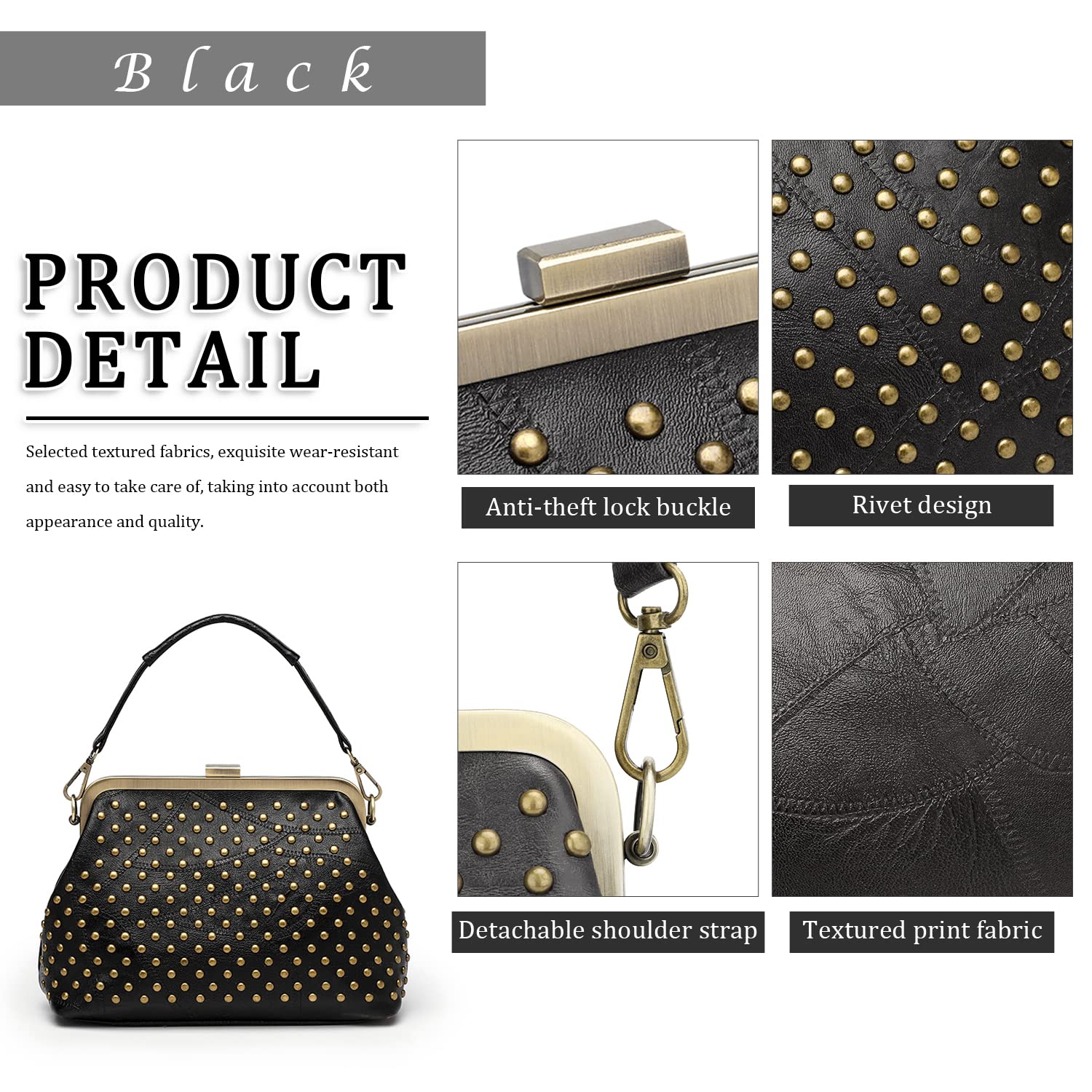 LUI SUI Vintage Rivet Shoulder Bags for Women Retro Classical Top Handle Purse Tote Bags