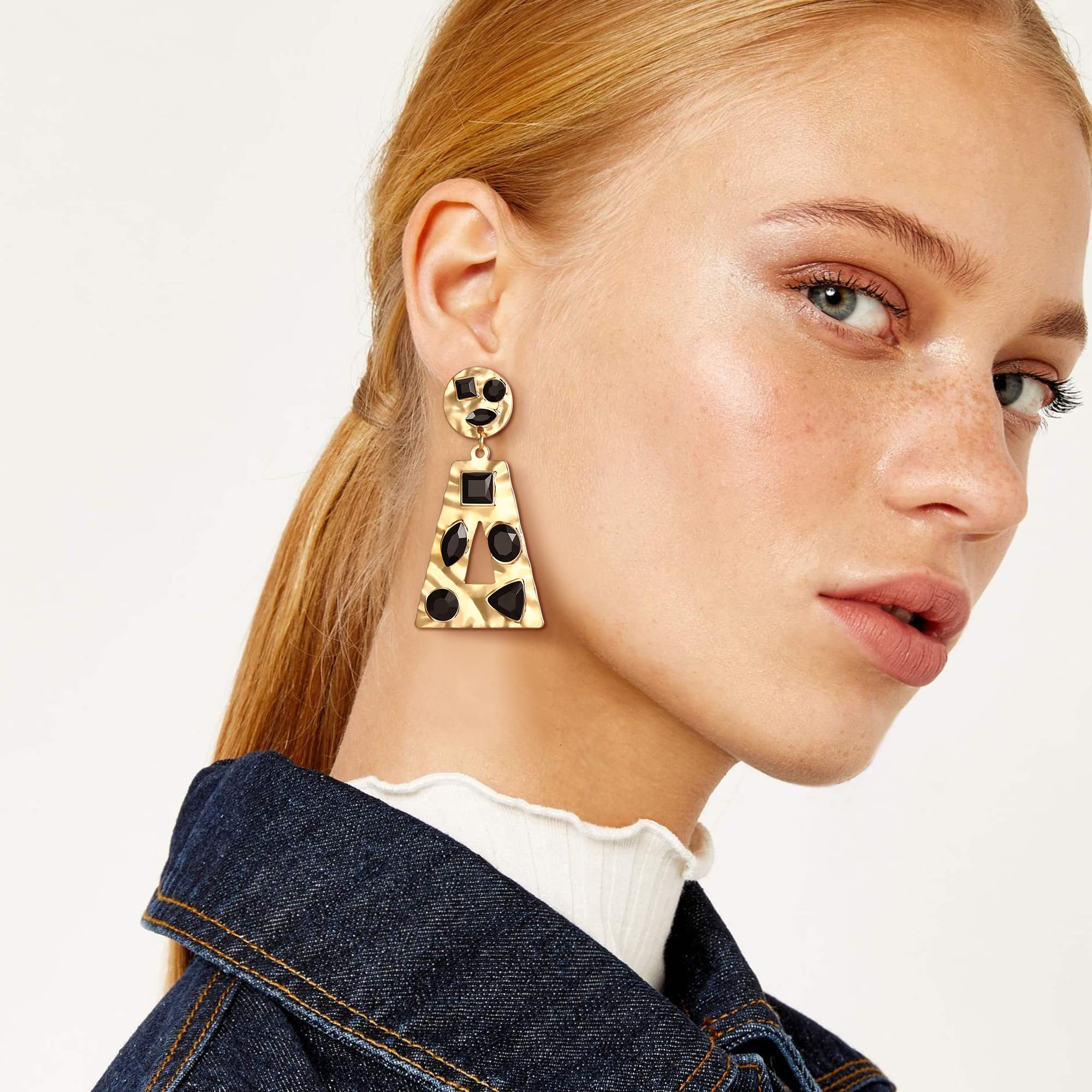 Mayfox Crystal Geometric Drop Dangle Earring for Women, Sparkly Rhinestones Vintage Rectangle Statement Earrings for Party Black Gold Tone