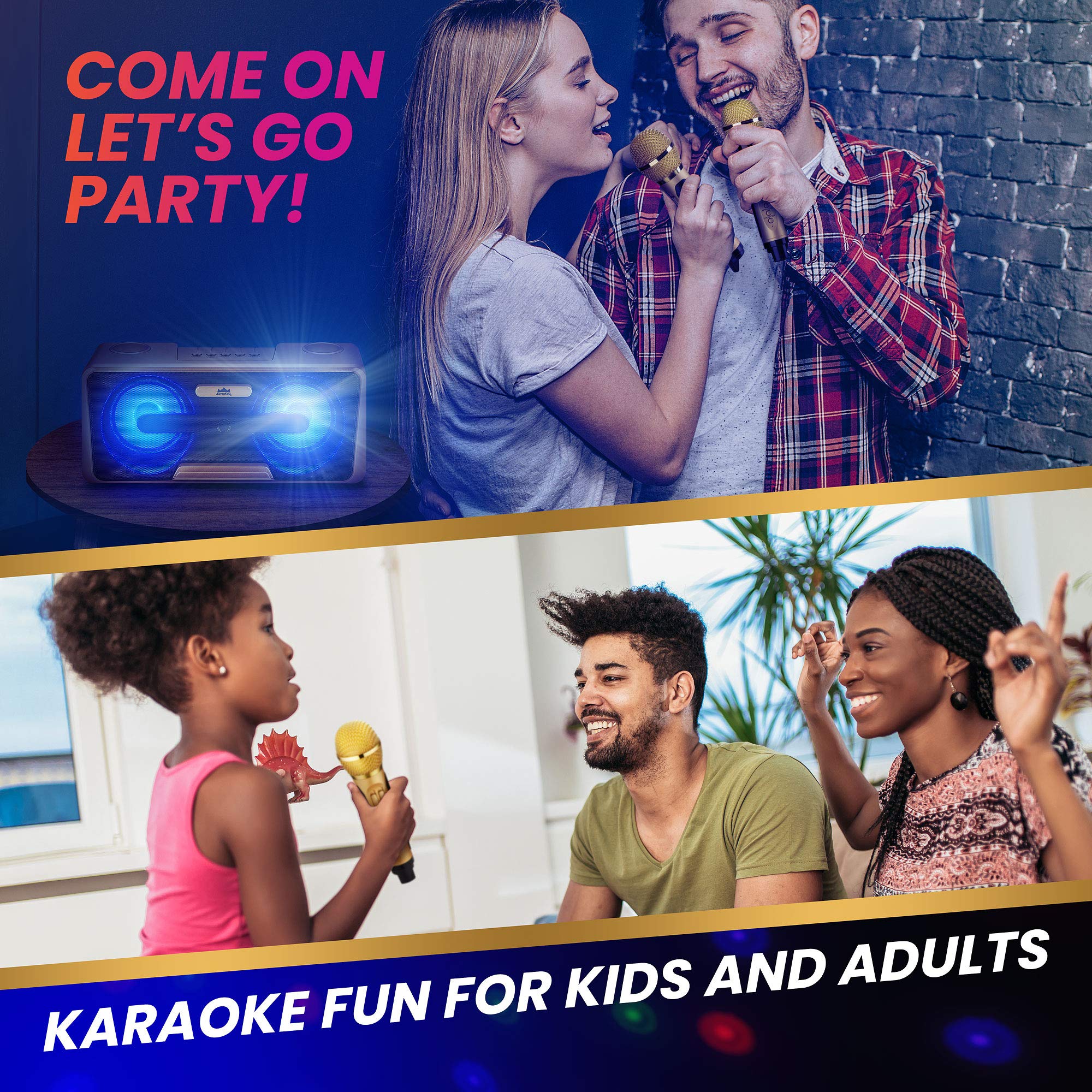 KaraoKing New 2020 Karaoke Machine – for Adults and Kids – 2 Wireless Karaoke Microphone, SD Card, USB, Bluetooth Compatible, LED Lights – Home, Bachelor Party, Picnic, Outdoor/Indoor [G301 Gold]