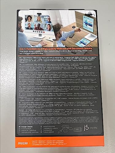j5create 1080P Dual Mode Webcam and Document Camera with Auto & Manual Focus, Magnetic Privacy Cover for PC, Laptops | for Live Streaming, Video Calls, Online Meetings, Online Classes (JVU250)