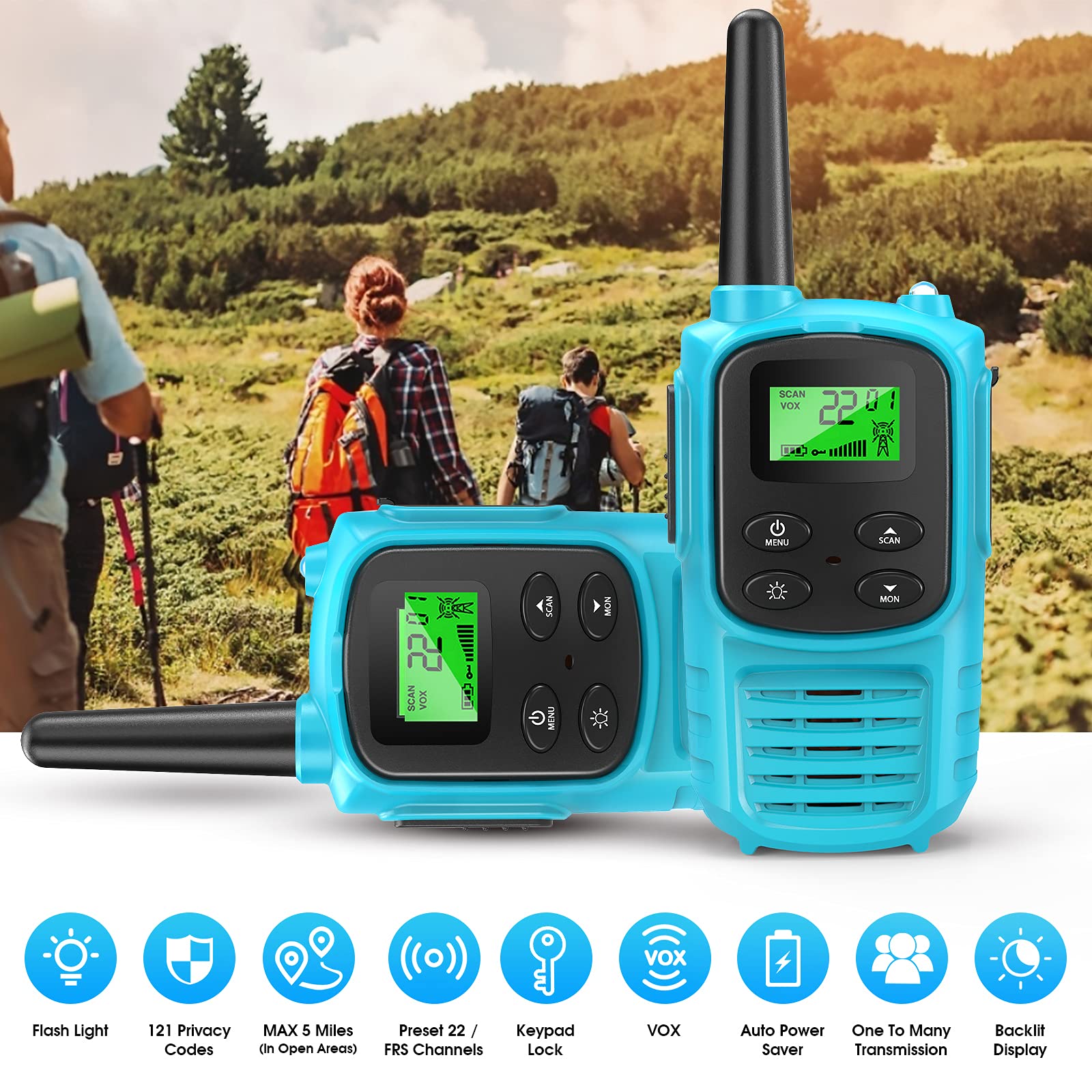 LEETEL Walkie Talkie with 22 FRS Channels, Long Range Walkie Talkies for Adults with VOX Scan LED Flashlight for Family Activities Hiking Camping Trip (Blue 2 Pack)