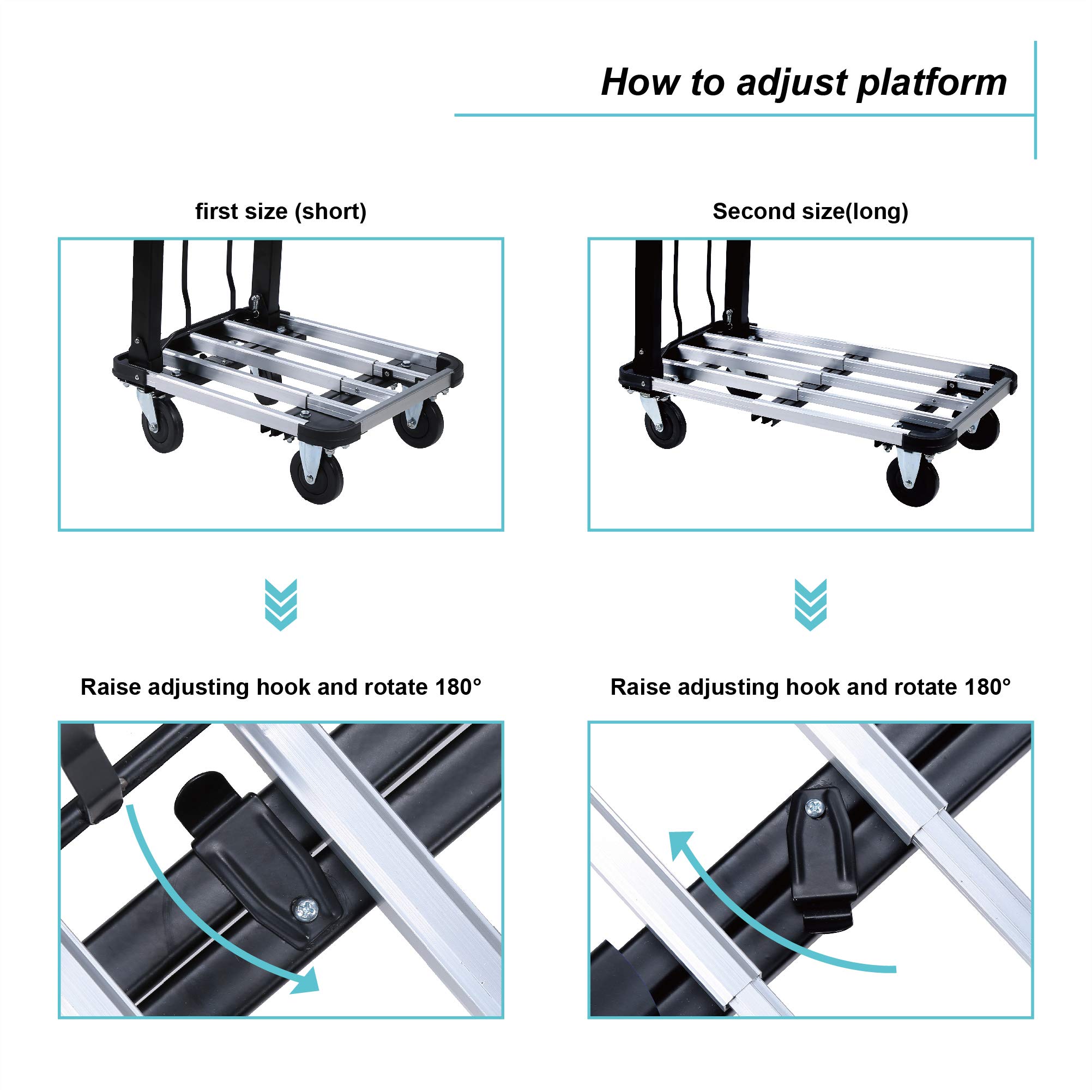 LEADALLWAY Foldable Push Cart Aluminum Alloy Platform Cart with 4-Wheel,Adjustable Length,330-LB Capacity(with 2 Ropes)
