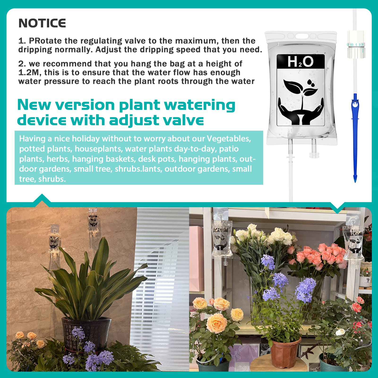 Plant Self Watering Spike with Water Storage Bag, Automatic Plant Watering Devices, Plant Self Waterer System with Adjust Valve Water Volume, Plant Drip Watering Non-Stop for Home/Holiday-3 Pack