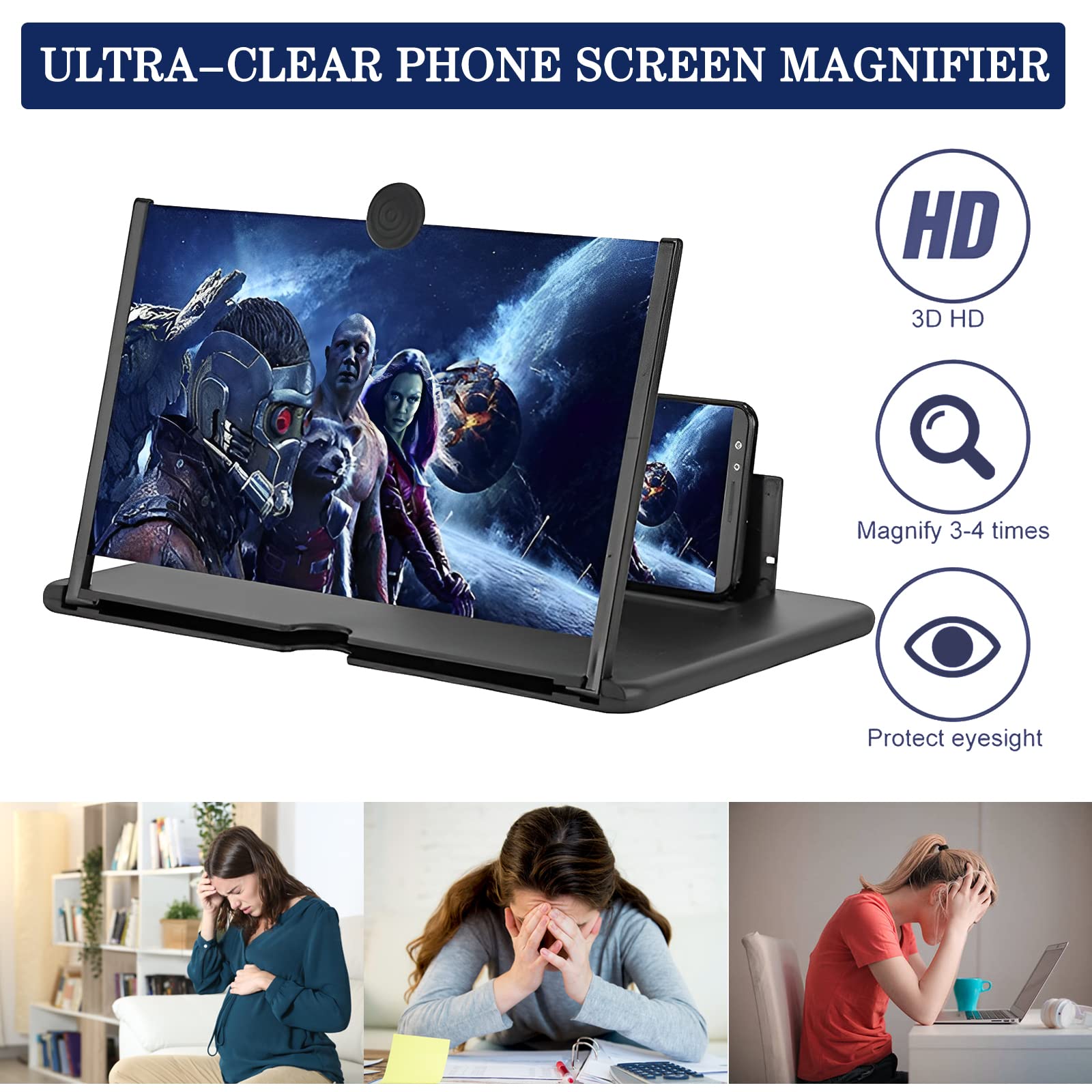 Kairry 12" Screen Magnifier for Smartphone 3D HD Mobile Phone Screen Magnifier Video Expandable HD Screen Foldable for Watching Movies Videos, Playing Games, for All Smartphones(Blak)
