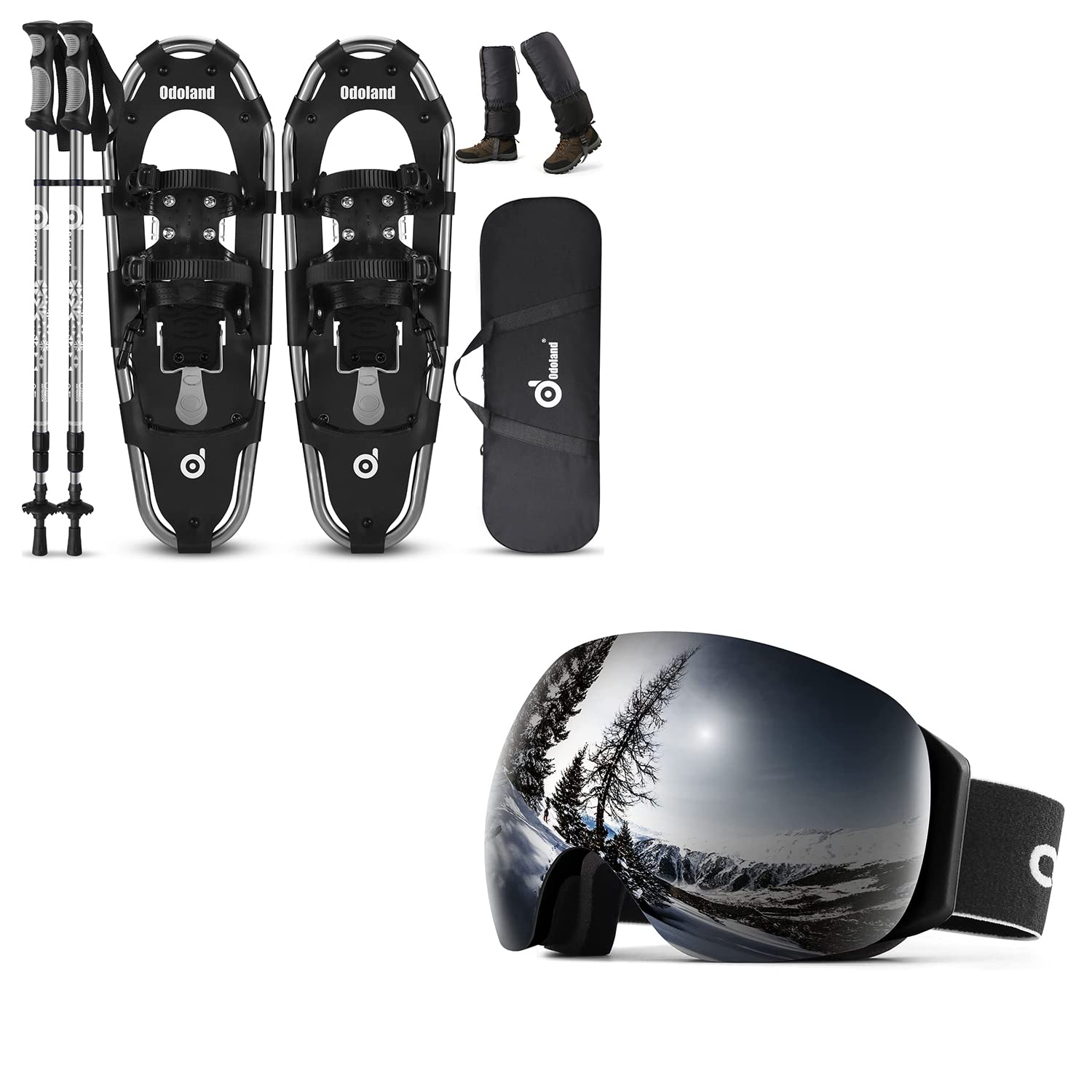 Odoland Bundle - 2 Items 4-in-1 Snowshoes with Trekking Poles, Black, M and Detachable Magnetic Snow Ski Goggles, Black Frame Silver Lens, VLT 10%