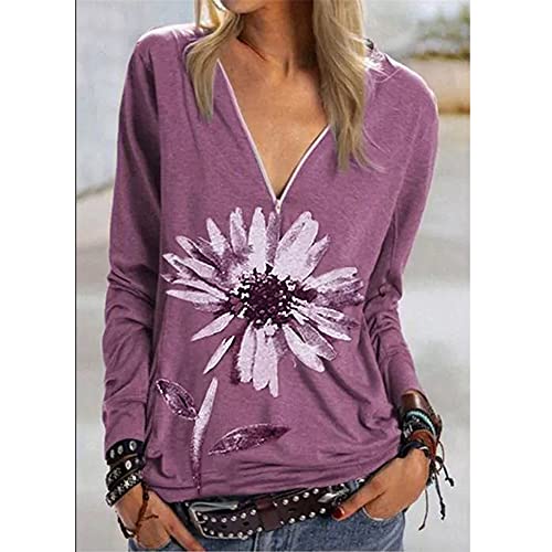 Mayntop Womens Tops Shirt Long Sleeve Big Flower Daisy Graphic Print Pattern Boho V-Neck Zipper Plus Size Loose Blouse(H Purple,M)