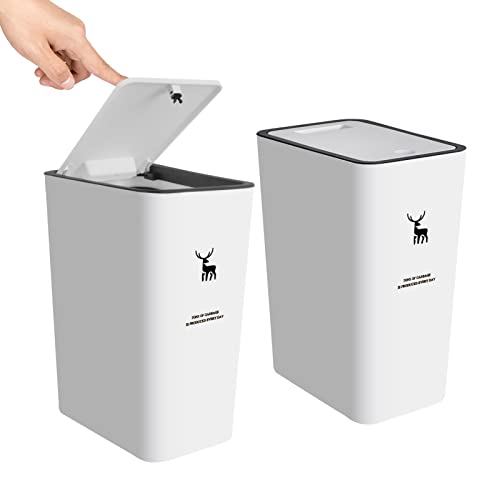 XPIY Trash Can with Lid, 2 Pack 4 Gallons/15 Liters Garbage Can with Press Top, Small, Dog Proof, Plastic Trash Bin, Waste Basket for Bathroom|Kitchen|Bedroom|Office|Living Room|Study (White)