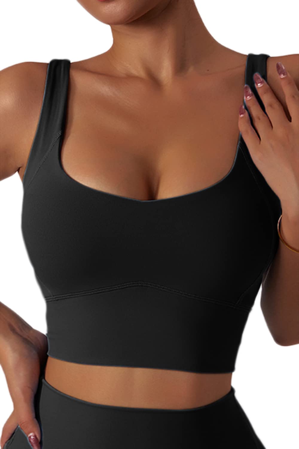 QINSEN Womens Strappy Sports Bras Removable Cups Stretch Padded Running Bras Black M
