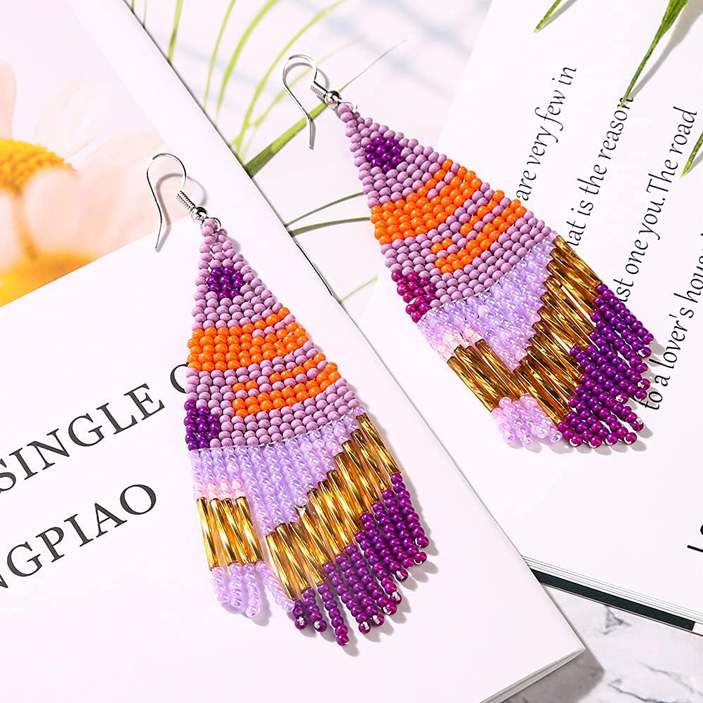 Luluping Beaded Tassel Earrings β Bohemian Native Statement Seed Bead Dangle Earrings for Women, Boho Statement Handmade Beaded Drop Fringe Earrings (Purple B)