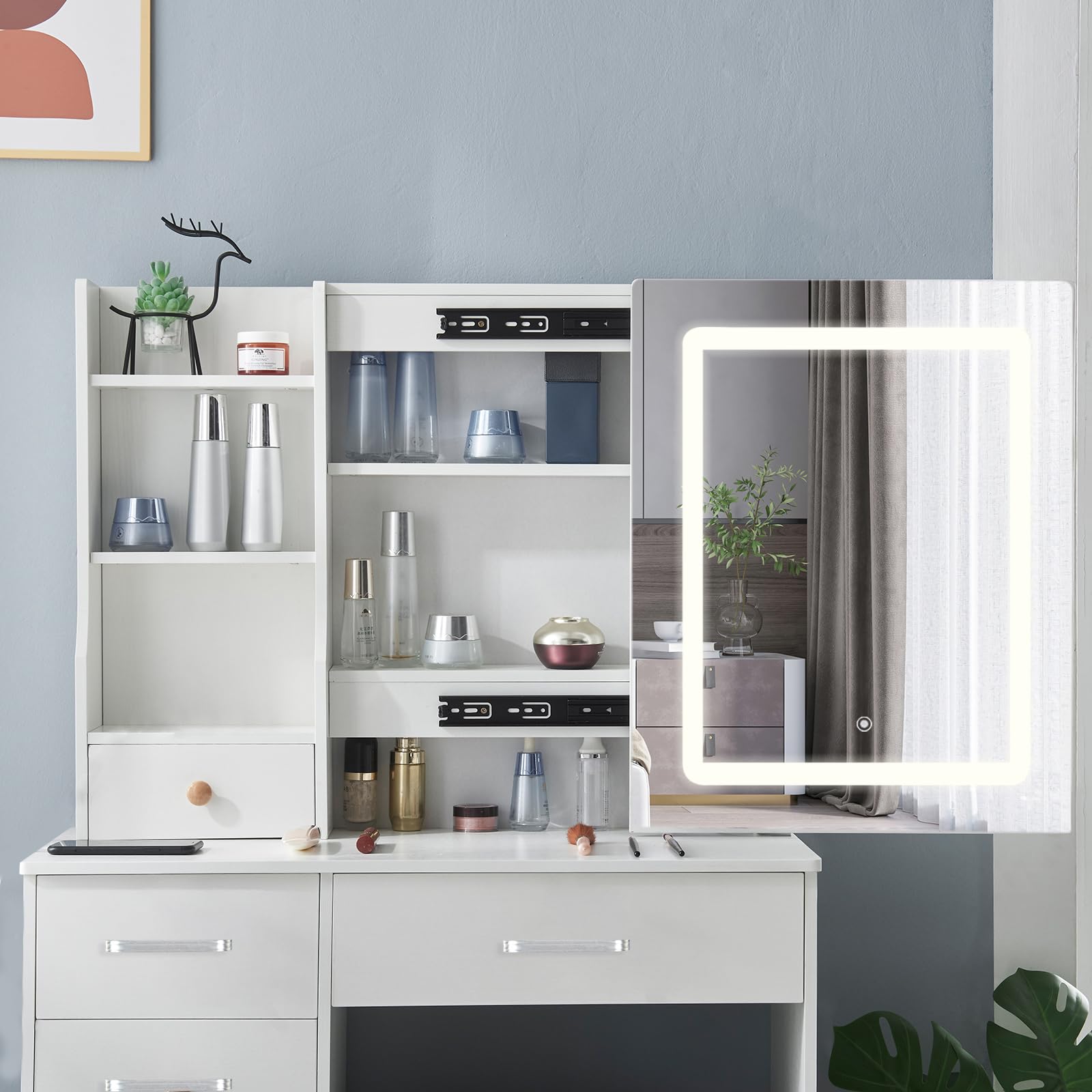 Jarbalai Vanity Desk with Lights, Vanity Table with Lights and Mirror, Makeup Table with 10 LED Lighted Mirror, Dressing Table with 5 Drawers, Makeup Vanity Dresser for Girls Bedroom, White