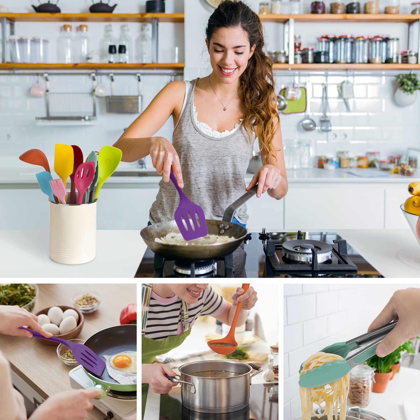 KAY RUK Kitchen Silicone Utensil Set,10Pcs Silicone Cooking Utensils Set,Food Grade Safety Silicone Utensils,480℉Heat Resistant Kitchen Tools,Seamless Easy to Clean, Non Stick Utensils(Multicolor)