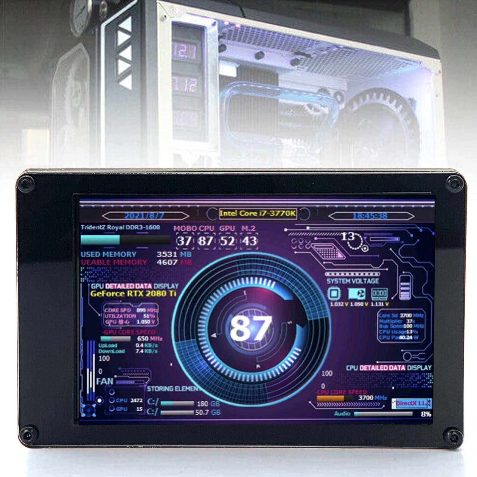 USB Mini Screen, Mini Size Energy Saving Customizable Computer Temp Monitor 3.5in Multifunctional for Company (with Elbow Line Motherboard Line)