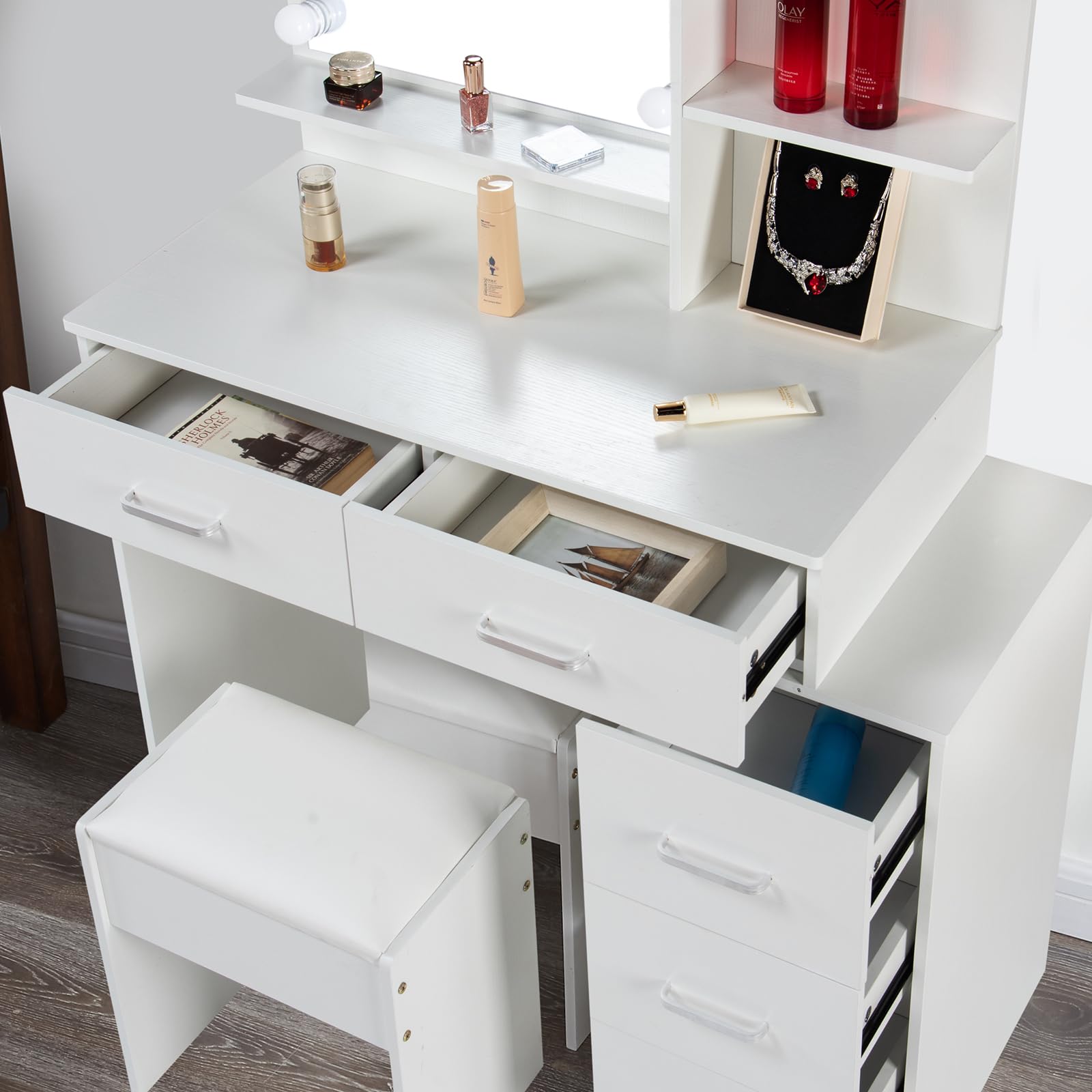 Jarbalai White Vanity Table with Mirror and Lights, Vanity Desk with Bedside Table, Vanity Set with 5 Drawers and Cushioned Stool for Bedroom