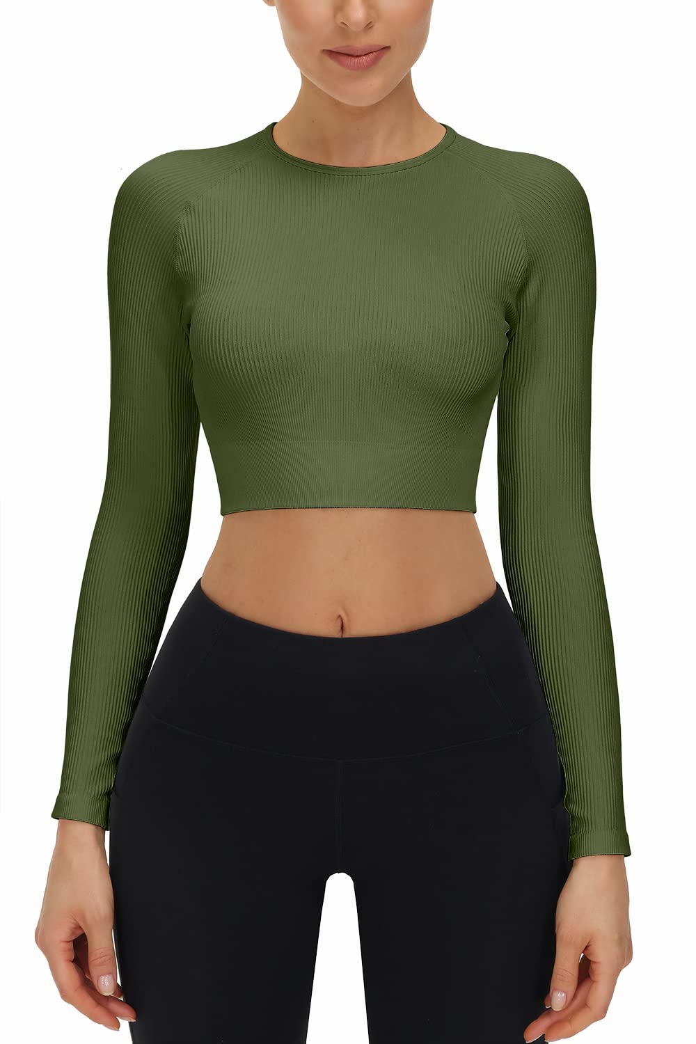 QINSEN Womens Stretch Exercise Training Tops Ribbed Long Sleeve Crewneck Workout Sport Shirts Olive Green M